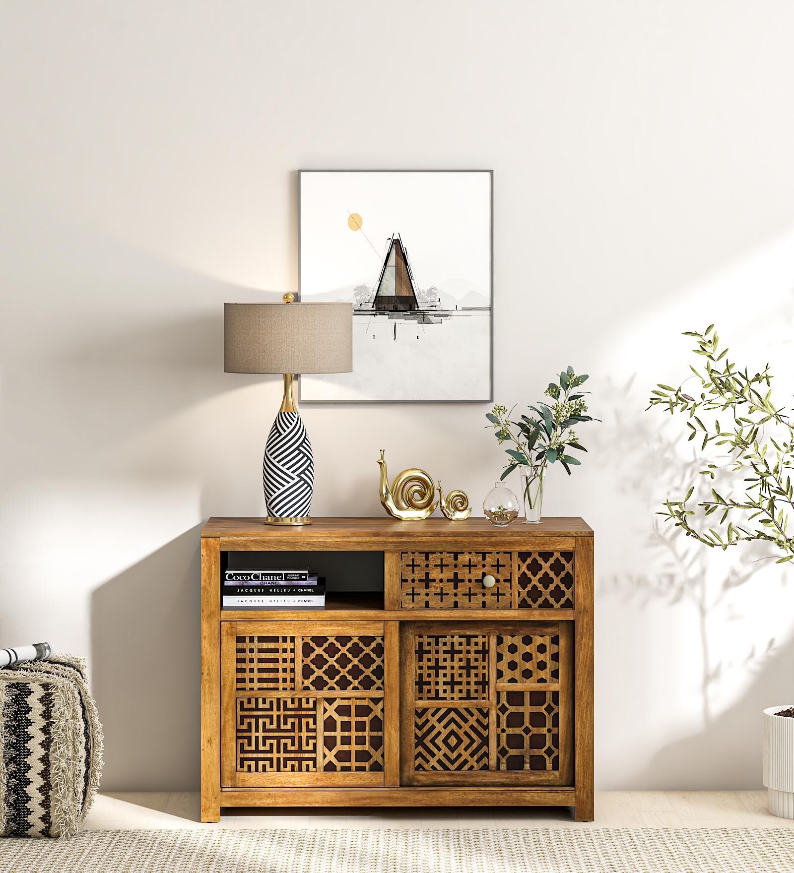 Buy Tishya Solid Wood Sideboard In Provincial Teak Finish With Sliding ...