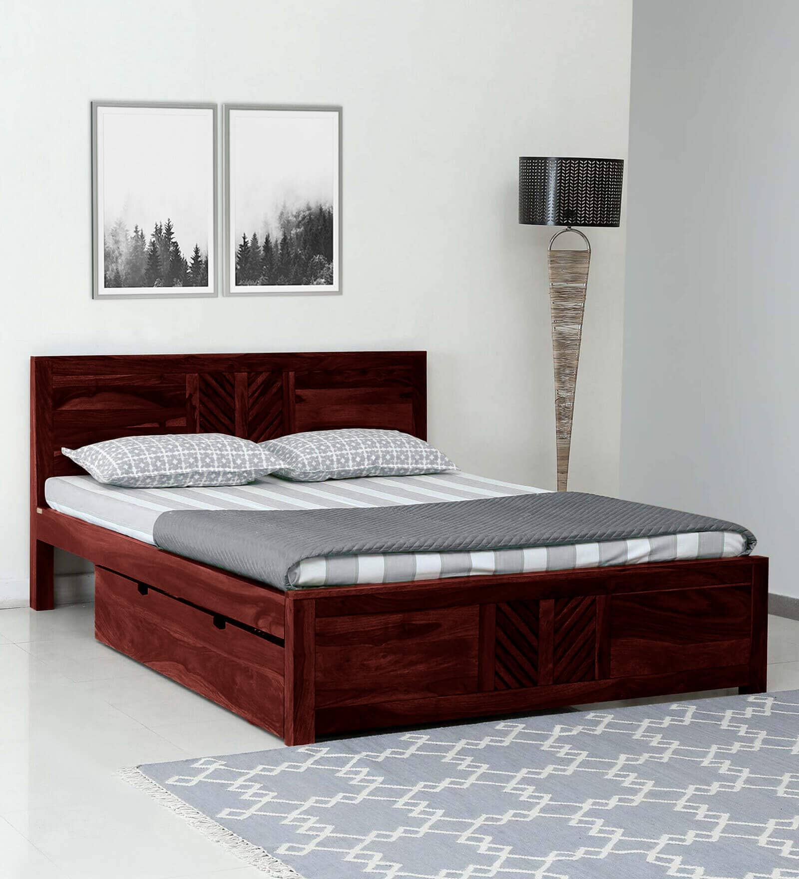 Buy Tourconing Sheesham Wood Queen Size Bed In Honey Oak Finish With ...