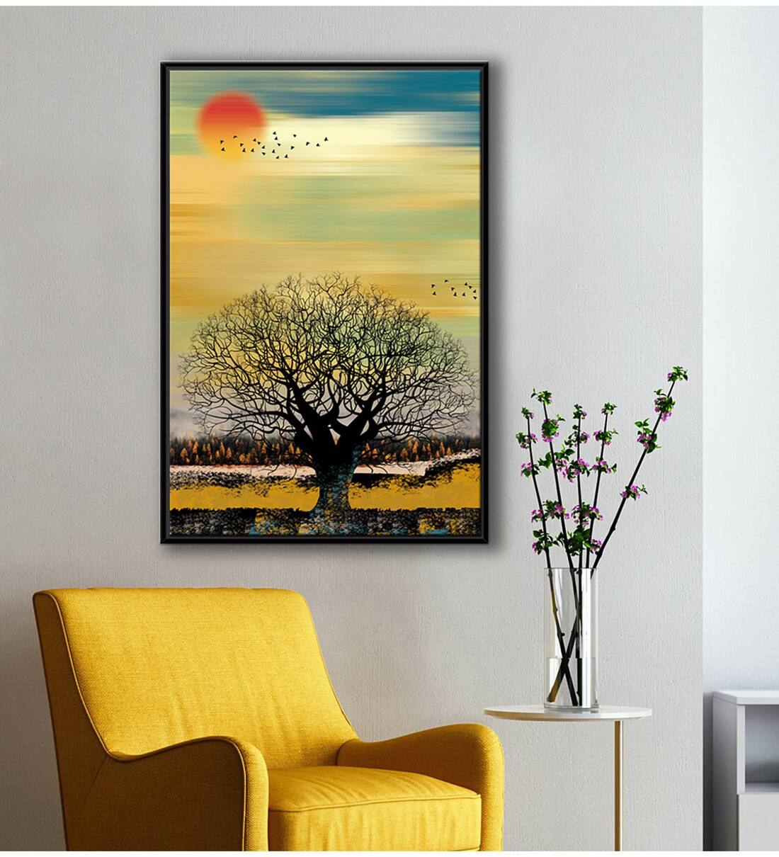 Buy Tree Sun And Flying Bird In Sky Modern Art Canvas Art Print at 21% ...