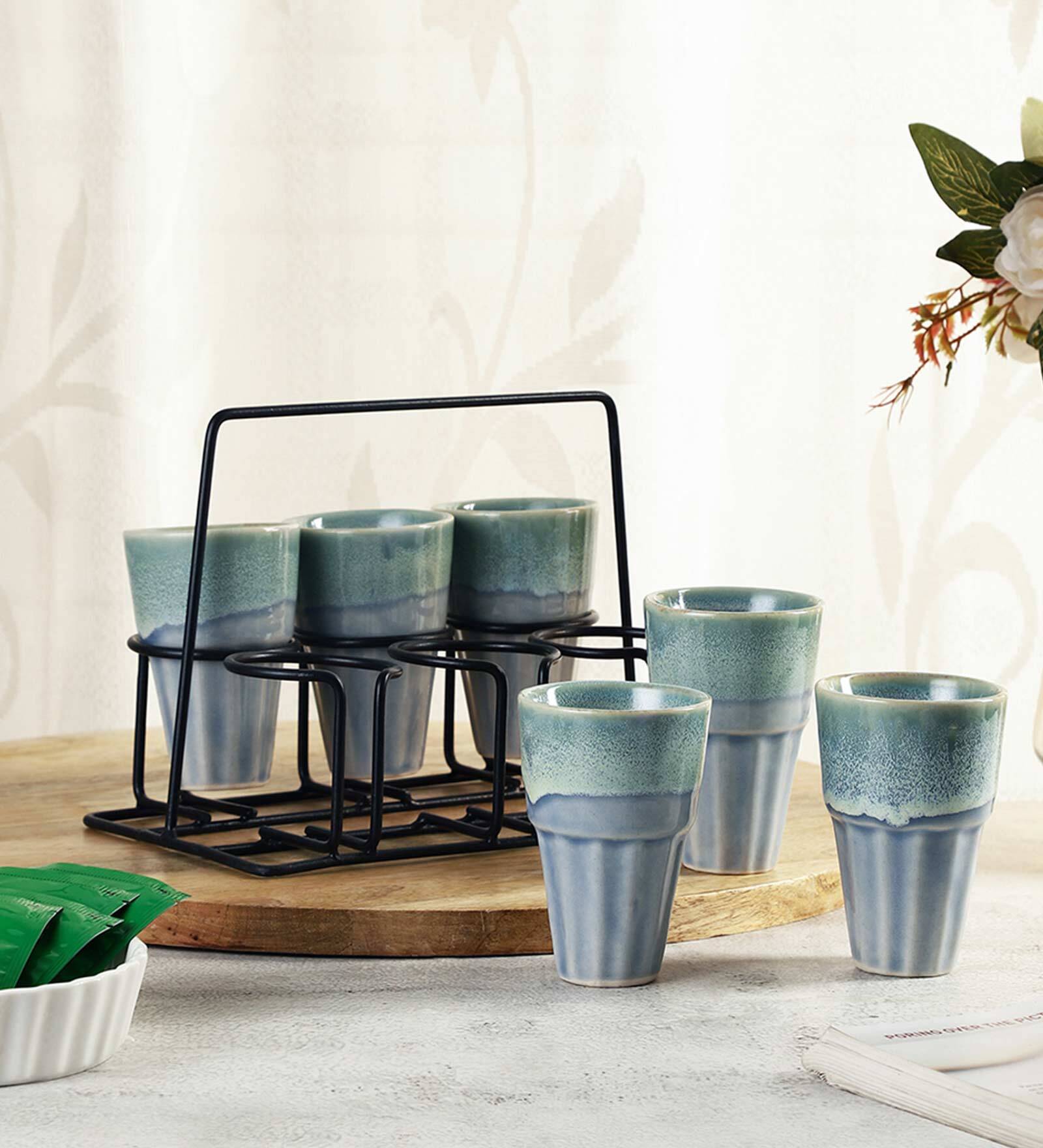 Buy Tranquil 100ml Mint (Set of 7) Ceramic Tea Glass with Iron Tray at ...