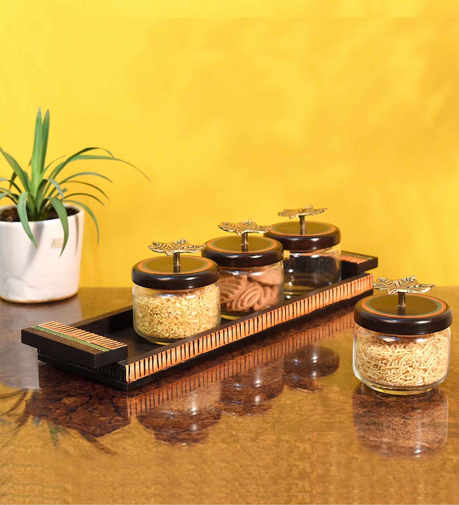 Buy Flower Handcrafted Natural Brown Glass and Wood 4 Pcs Condiments ...