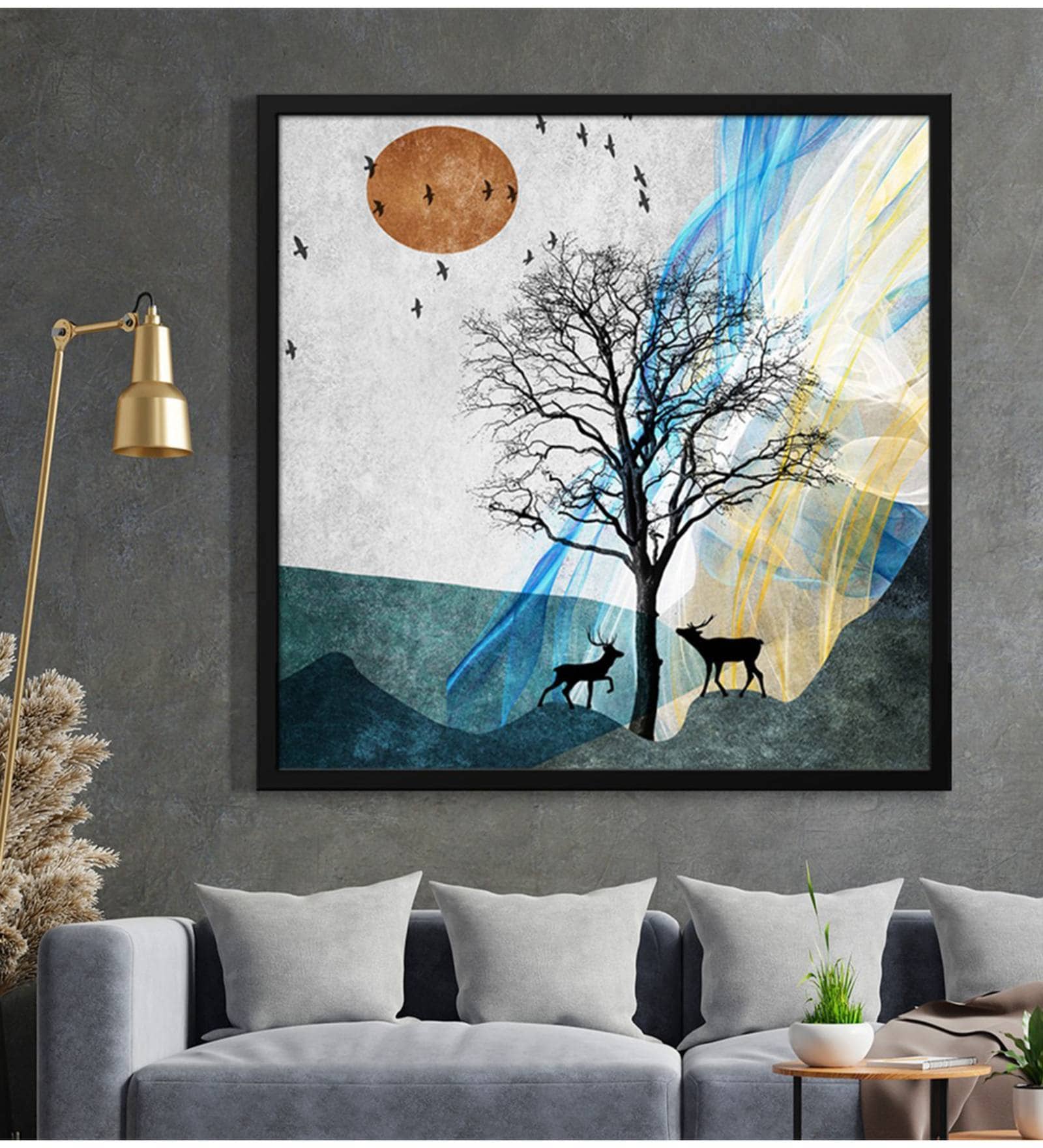 Buy Tree And Sun Deer With Flying Birds Art Canvas Art Print at 32% OFF ...