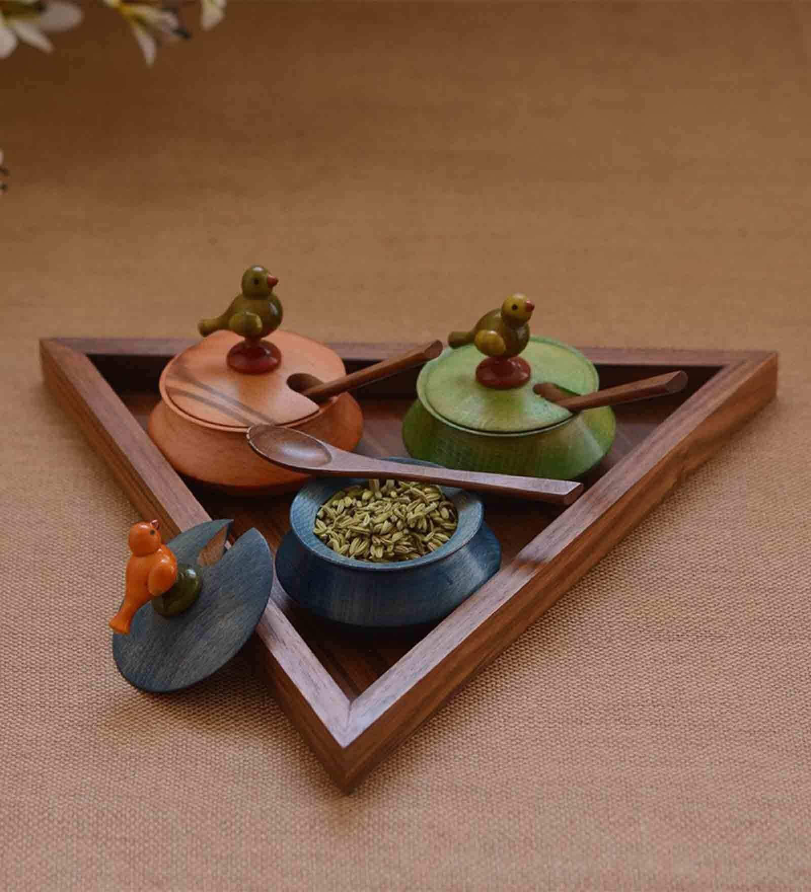 Buy Triangular Wooden 3 Pcs Condiment Jar with Base Tray and Spoon at ...