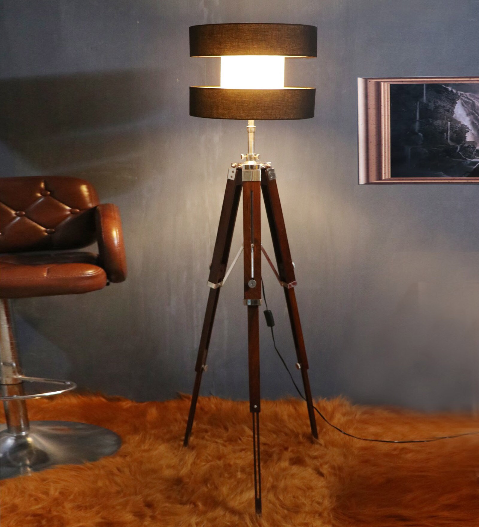 Buy Messina Black Fabric Shade Tripod Floor Lamp With Teak wood Base at ...