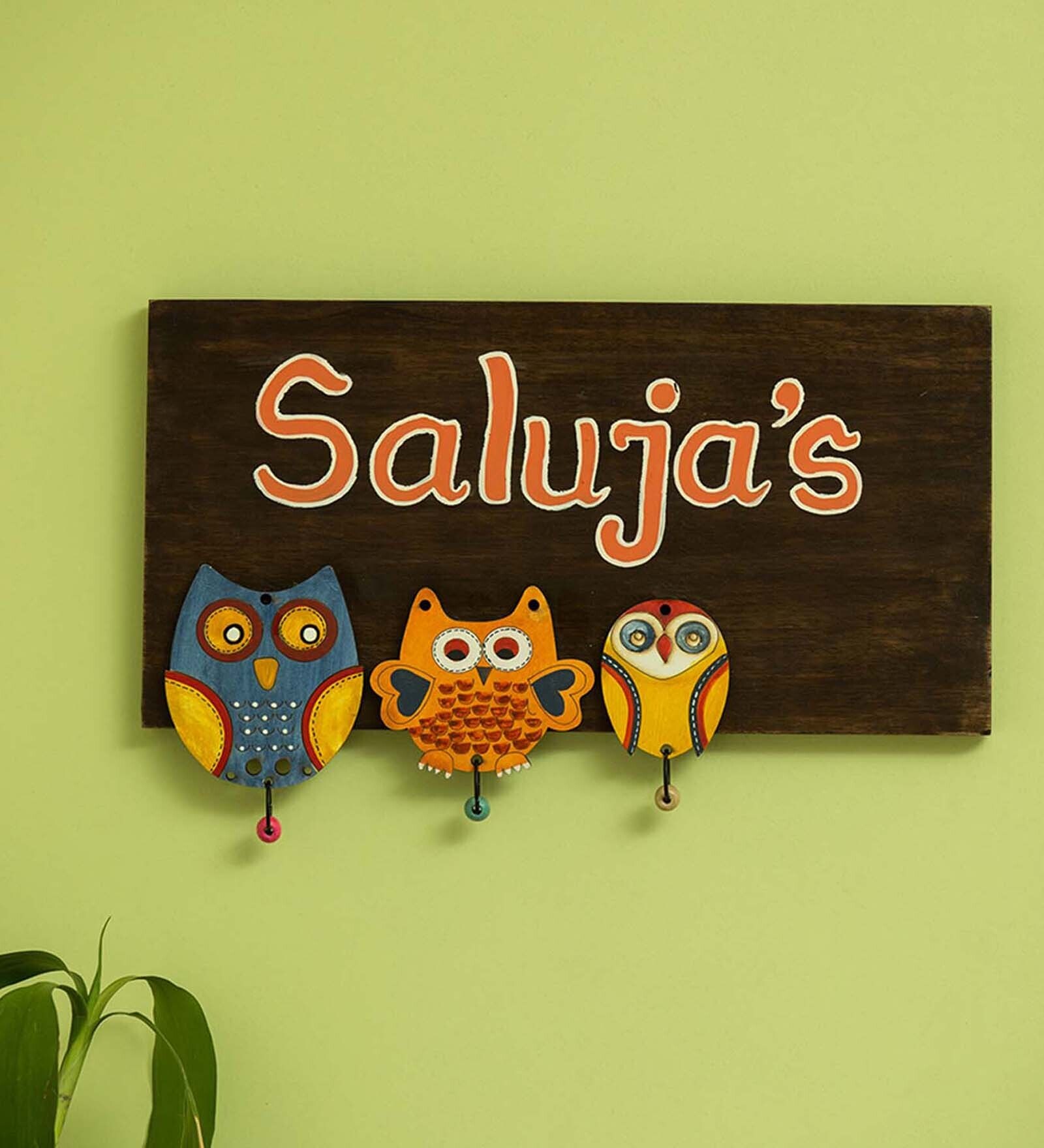 Buy Triple Owl Motifs Customizable Wooden Name Plate (Handwritten Fonts ...