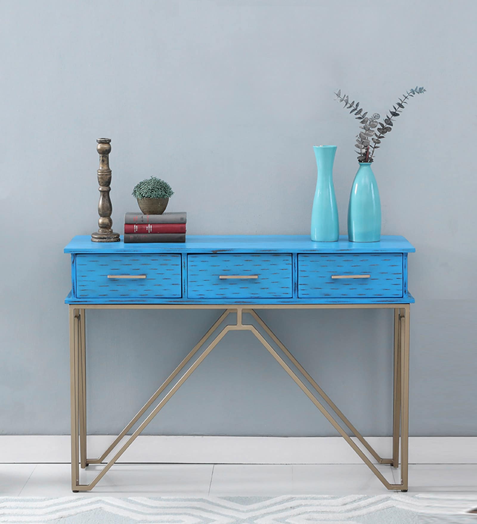 Buy Tristan Solid Wood Console Table In Blue & Gold Finish at 4% OFF by ...