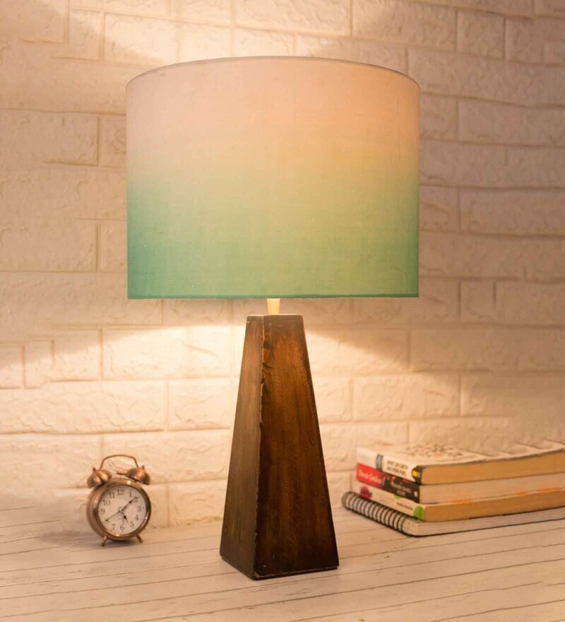 Buy Tree Trunk Brown Table Lamp With White & Blue Ombr Printed Shade By ...