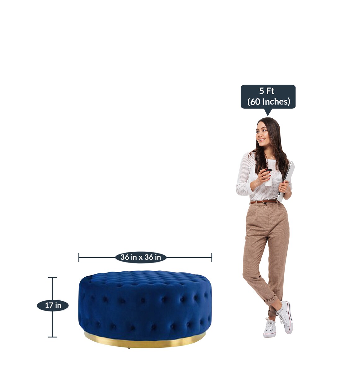Buy Tuffted Button Round Ottoman in Royal Navy Blue Colour by ...