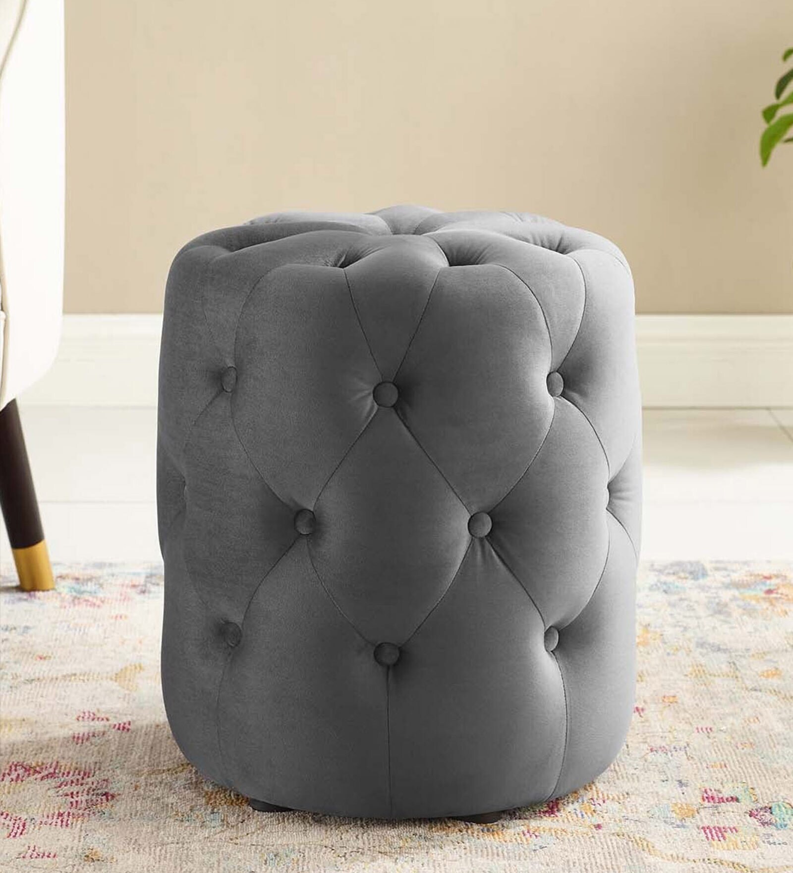 Buy Tuffted Button Round Pouffe in Midnight Grey Colour at 100% OFF by ...