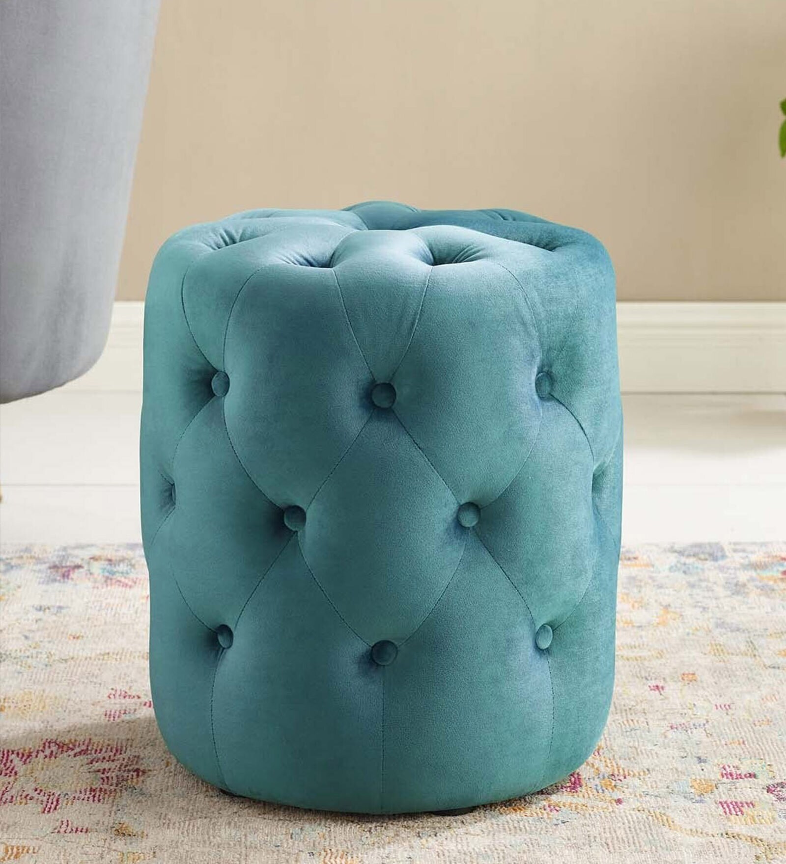 Buy Tuffted Button Round Pouffe in Peacock Teal Colour at 100% OFF by Expressionist by mohanbir ...