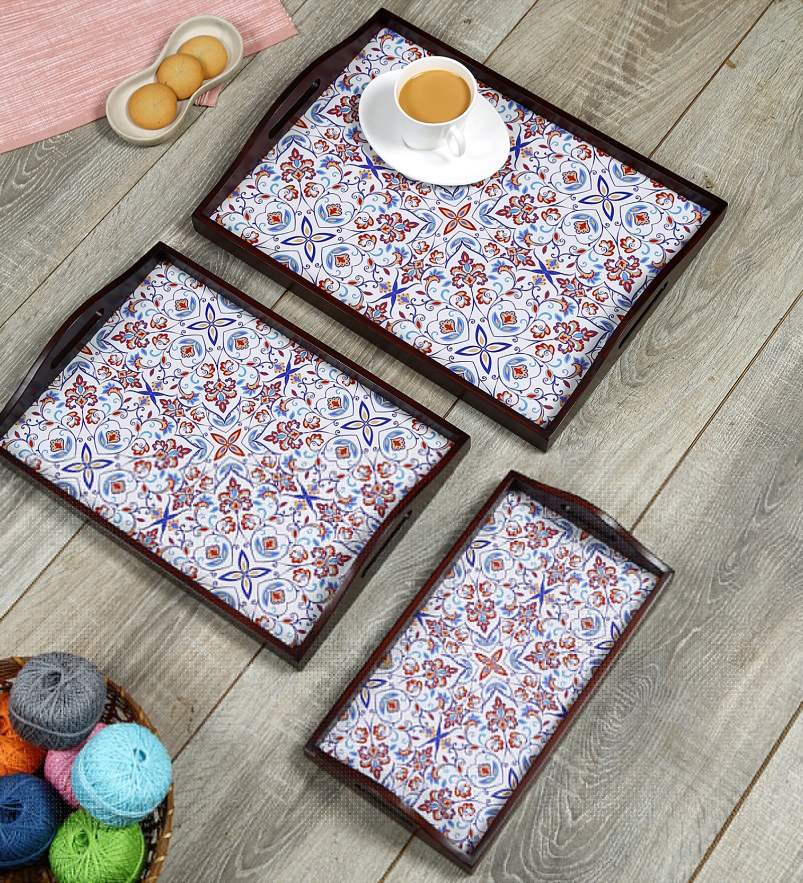 Buy Turkish Mandala Brown Teak Wood & MDF Serving Tray (Set of 3 ...