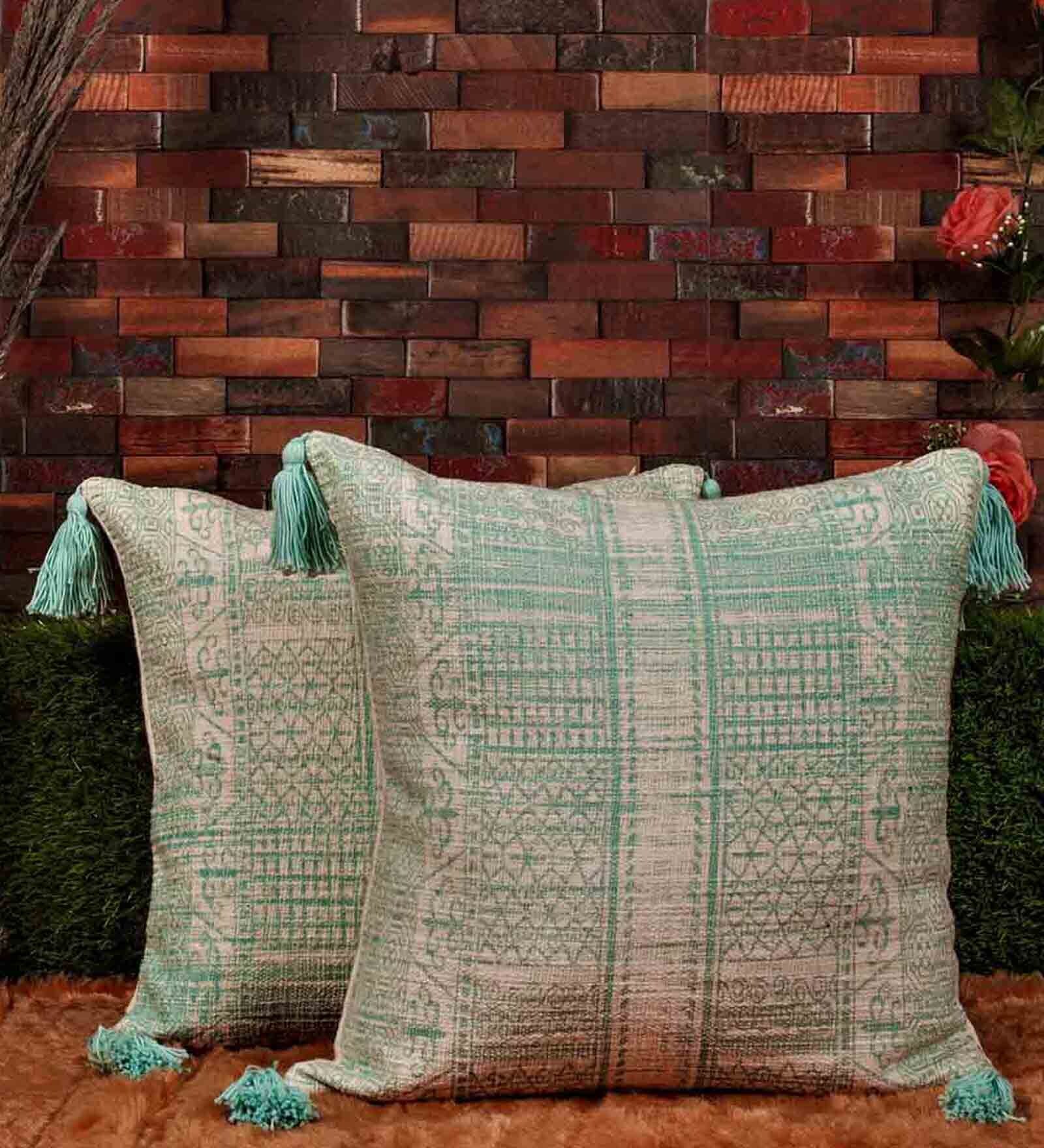 Buy Turquoise Blue Floral Cotton 18 x 18 Inches Cushion Covers (Set of ...