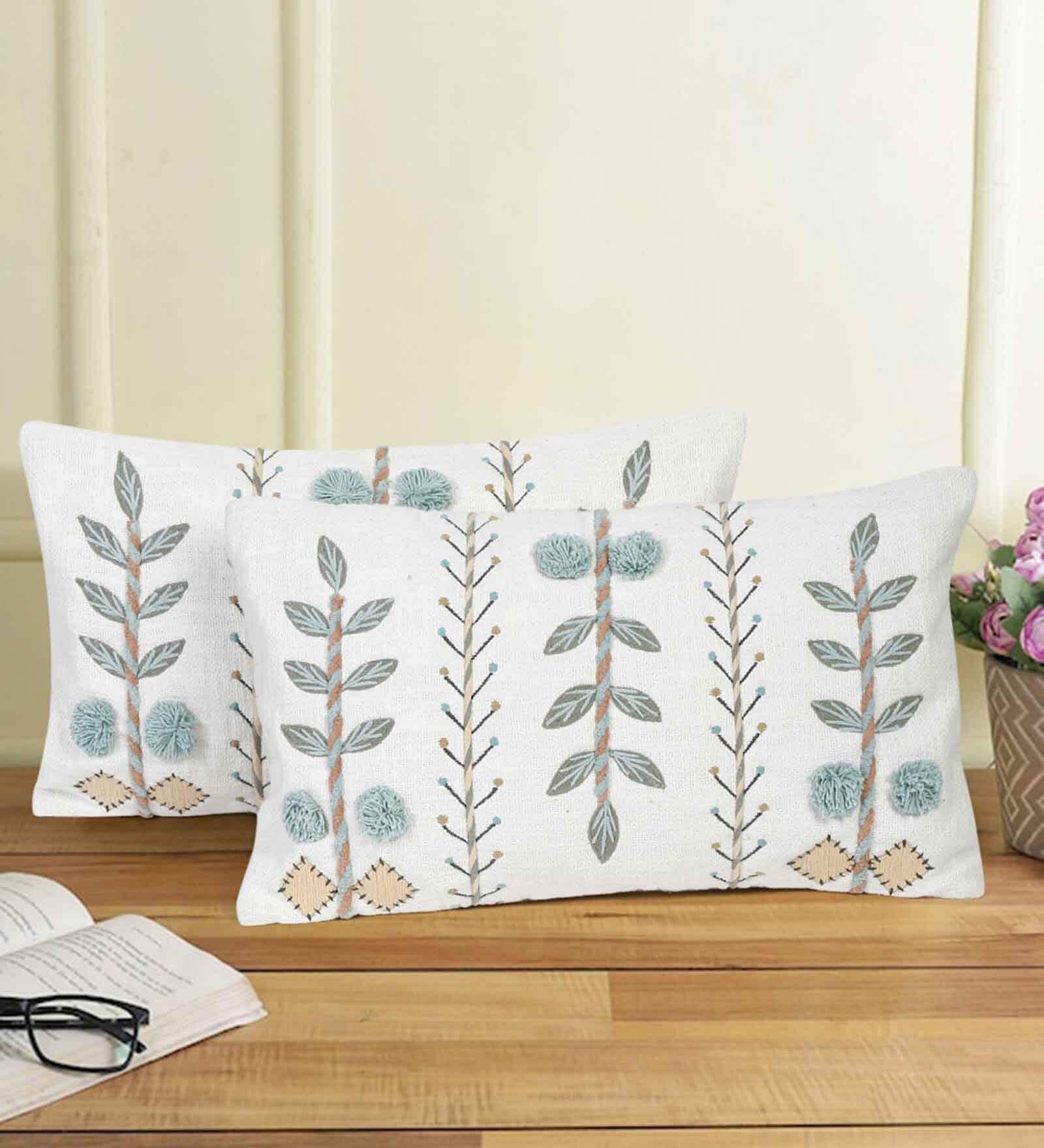 Buy Turquoise Blue Cotton Floral 12x20 inches Cushion Covers (Pack of 2 ...
