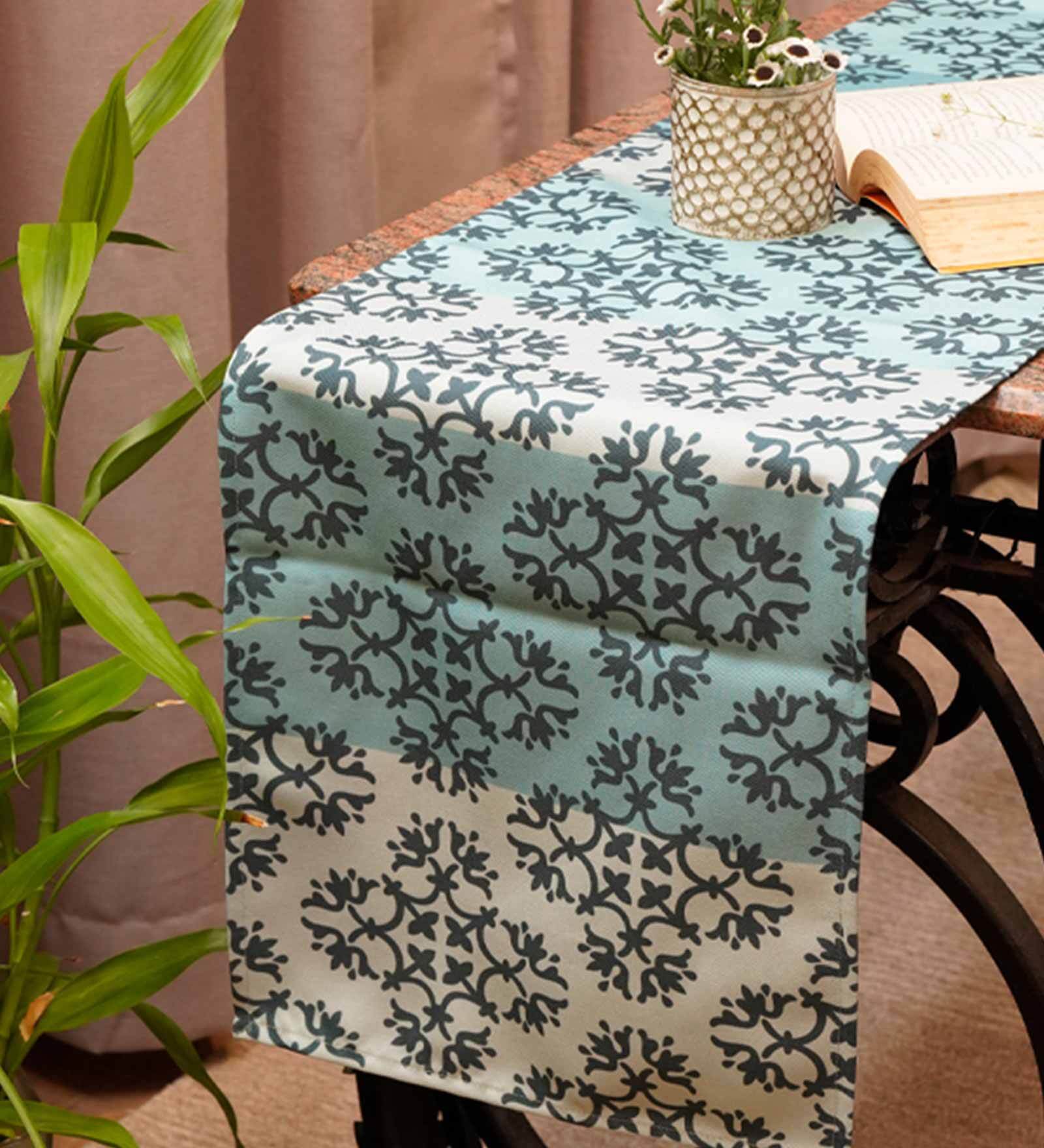 Buy Orison (12x84) Turquoise Blue & White Polycanvas Table Runner at 19 ...