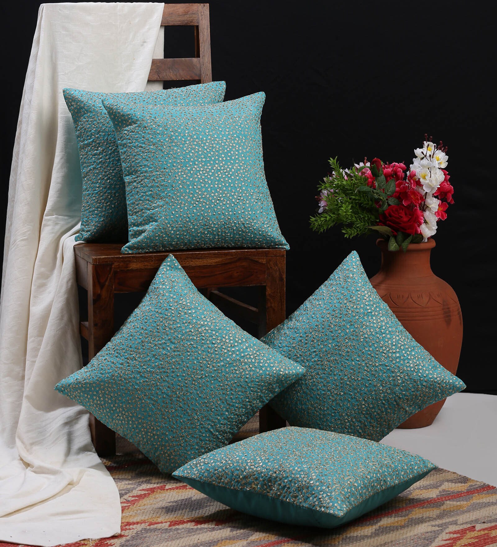 Buy Turquoise Blue Textured Polyester 16 x 16 Inches Cushion Covers ...