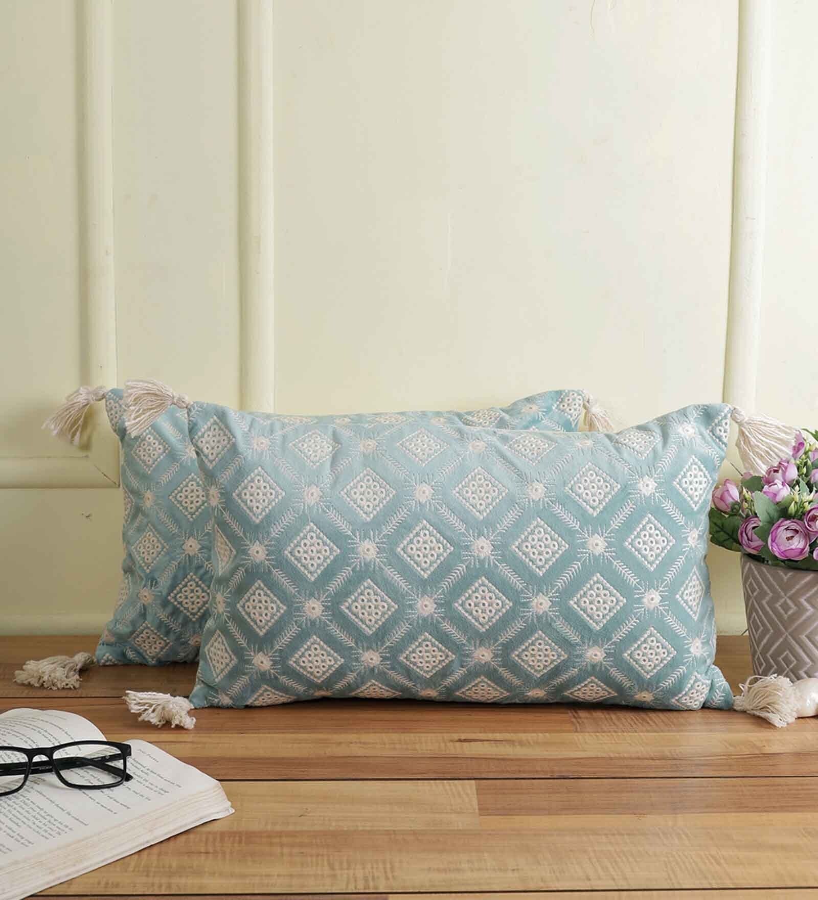 Buy Turquoise Blue Velvet Textured 12x20 inches Cushion Covers (Pack of ...