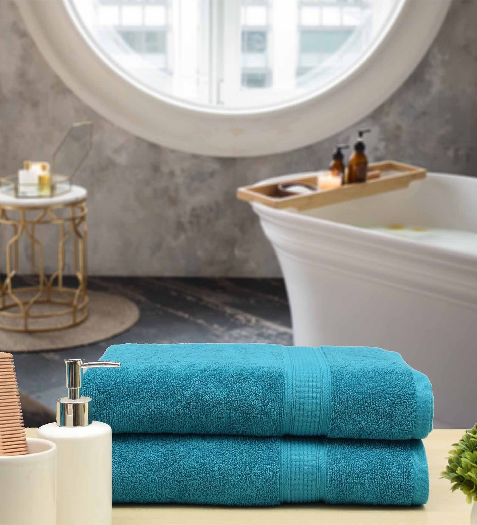 Buy Turquoise Solid 550 GSM Cotton Bath Towels (Set of 2) by RANGOLI at ...