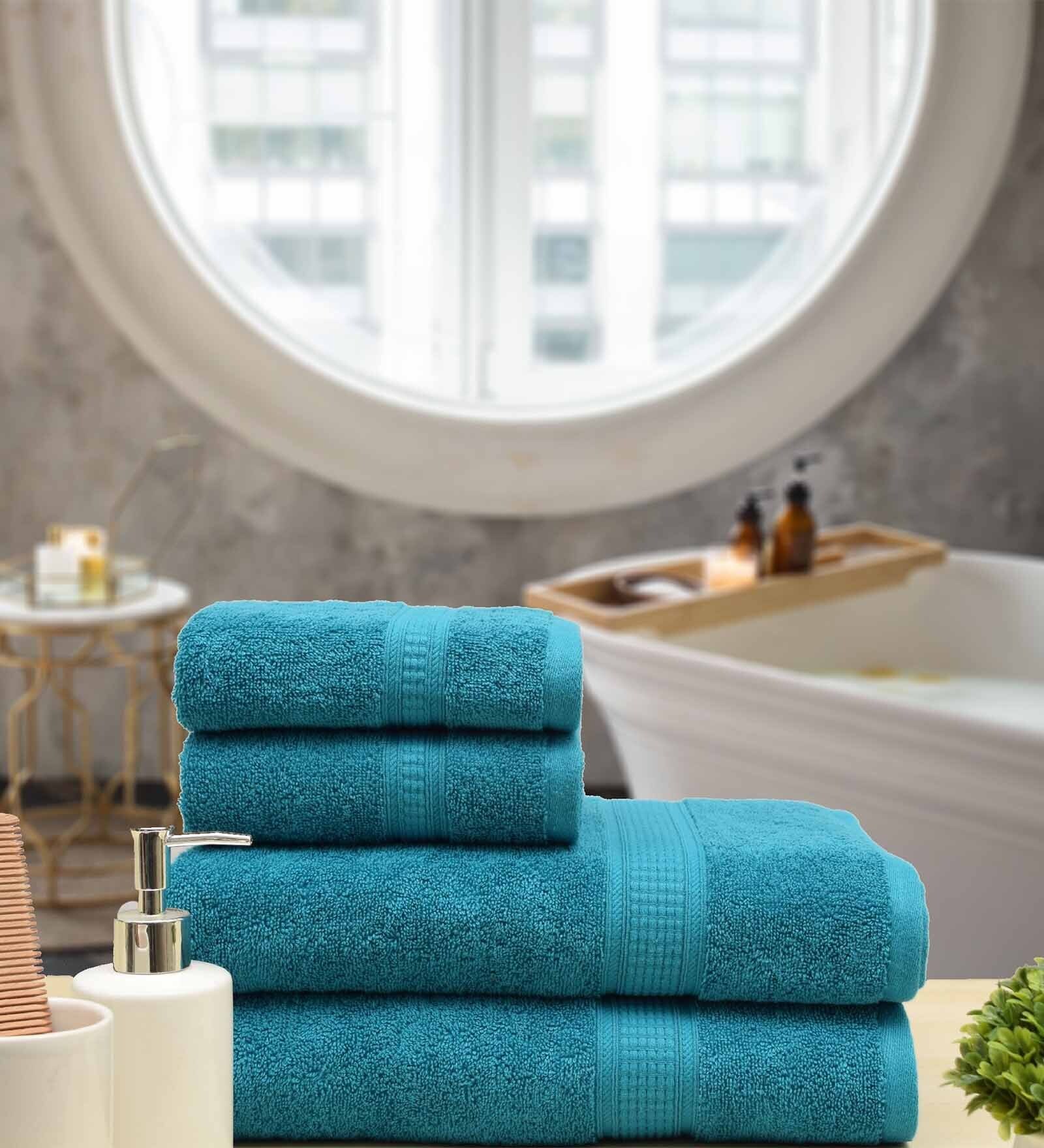 Buy Turquoise Solid 550 GSM Cotton Towel Sets (Set of 4) by RANGOLI at ...