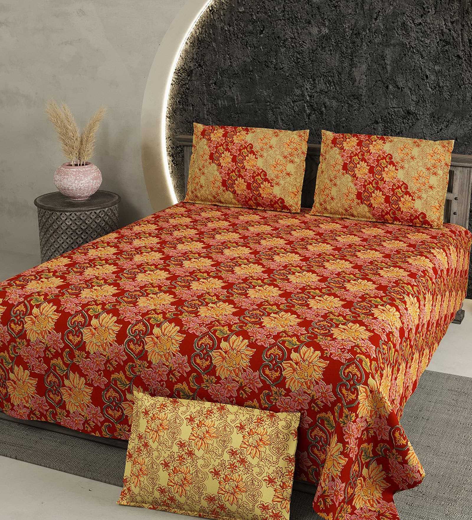 Buy Turquoise Floral 210 TC Cotton King Sized Bed Sheets with 2 Pillow ...