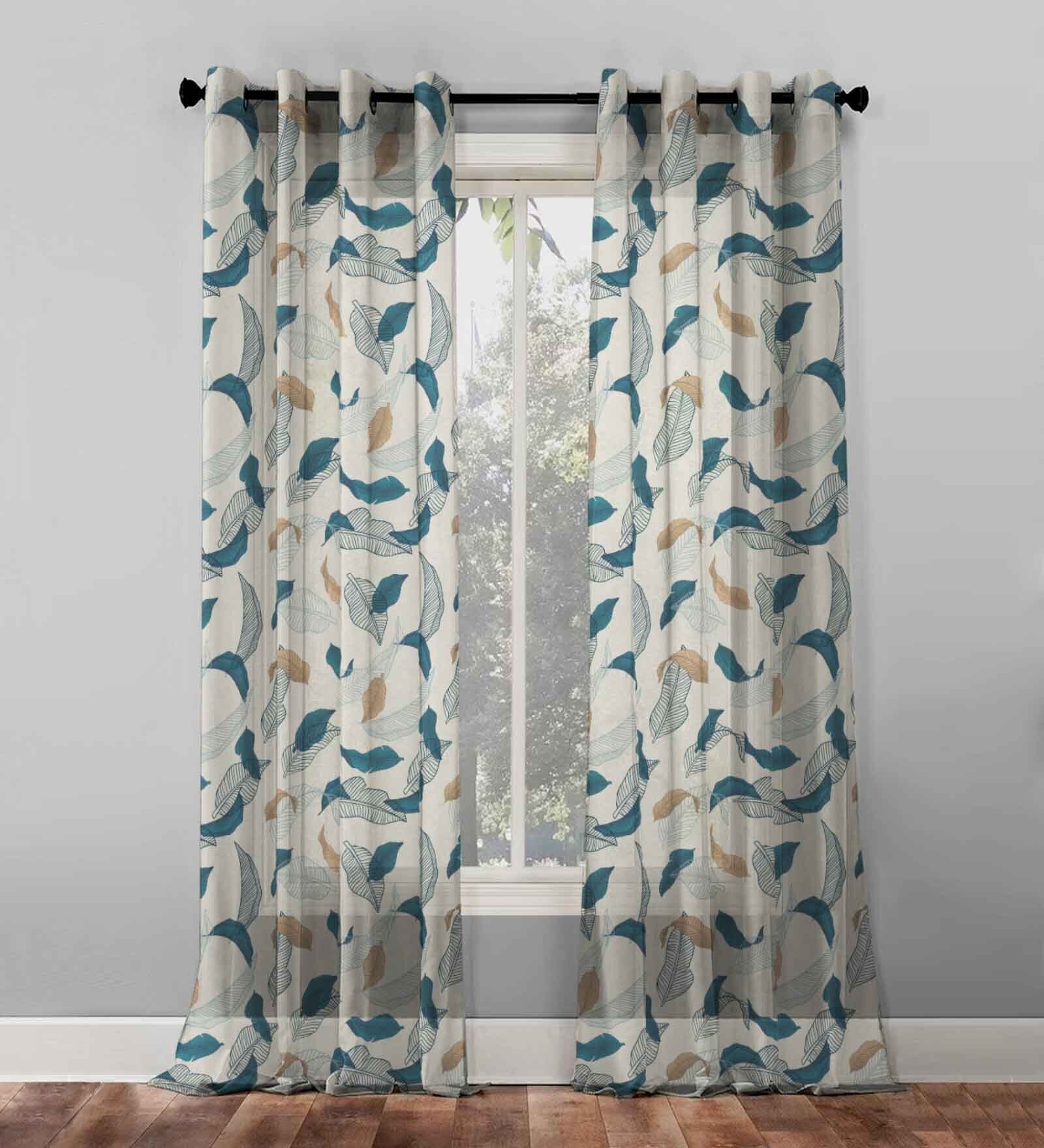 Buy Turquoise Polyester Floral 7Ft Sheer Eyelet Door Curtains (Pack of ...