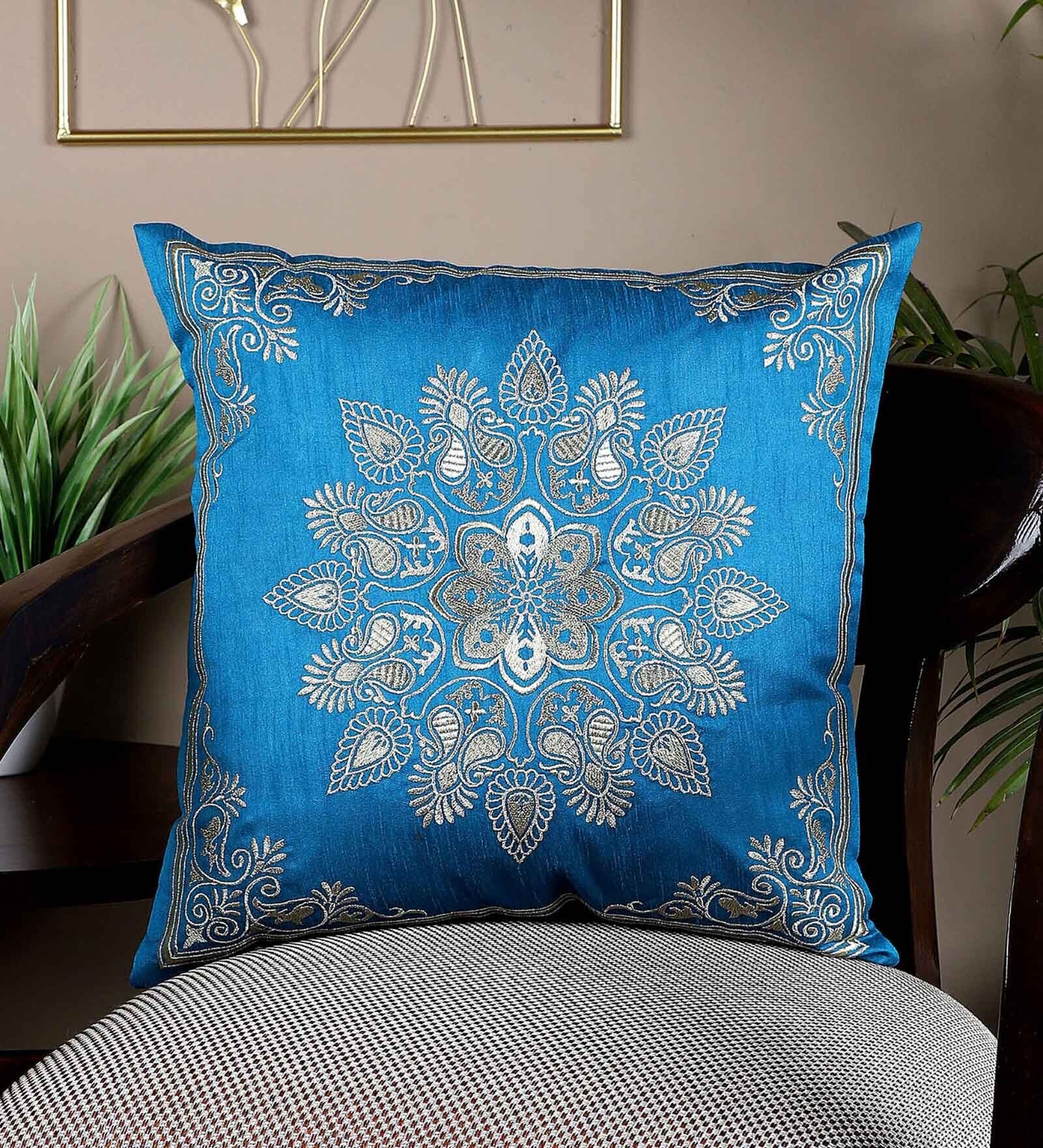 Buy Turquoise Traditional Polyester 16 x 16 Inches Cushion Cover by ...