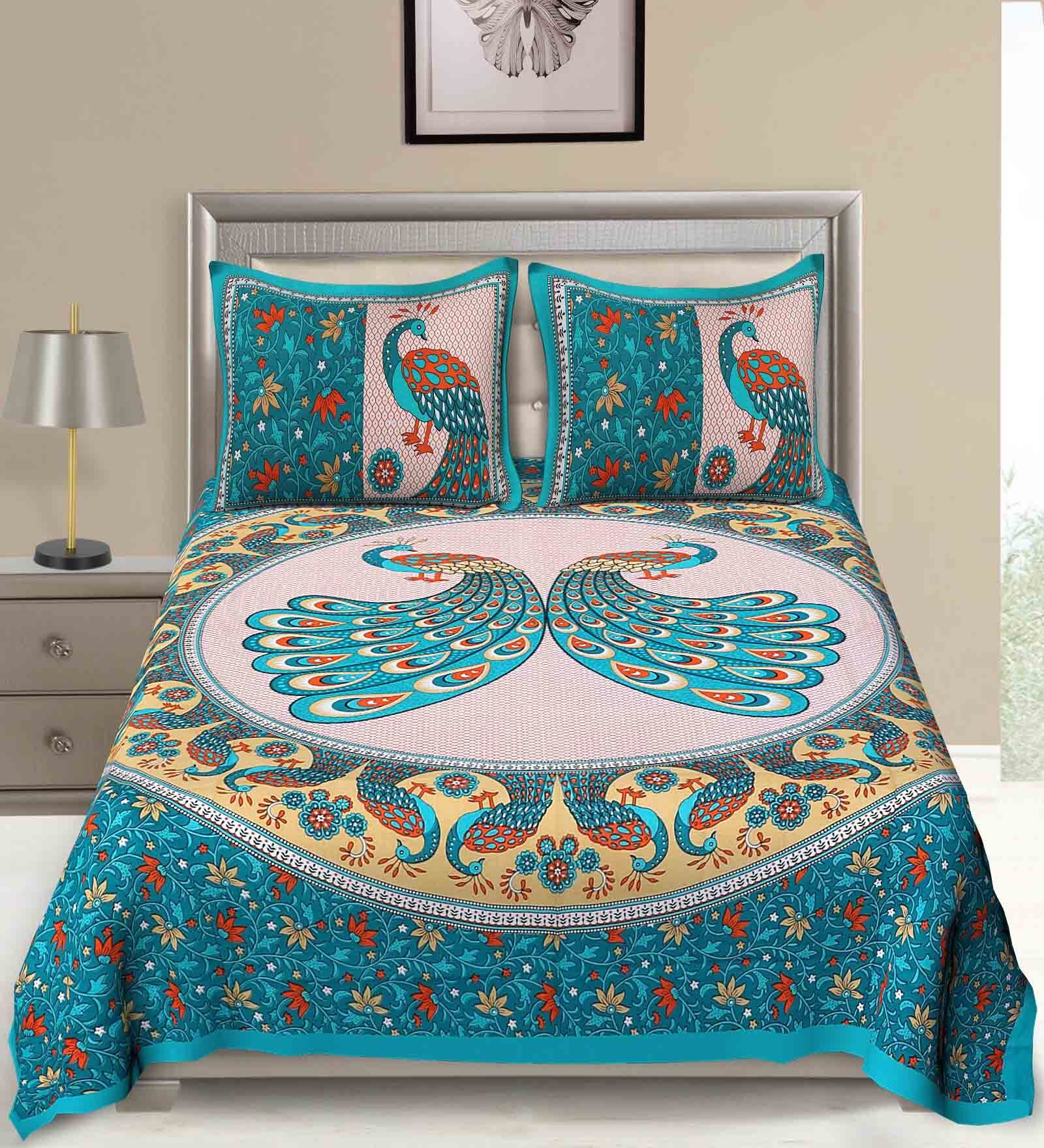 Buy Turquoise Traditional 120 TC 100% Cotton Queen Bedsheet With 2 ...