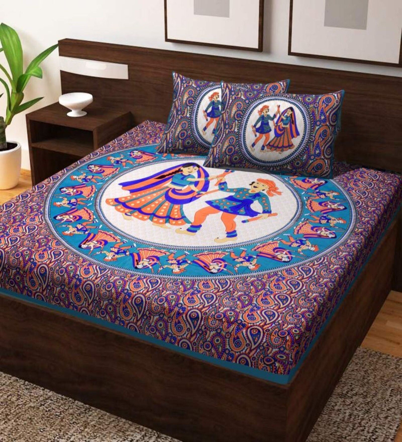 Buy Multicolor Navratri Theme 120 TC 100% Cotton Queen Bedsheet With 2 ...