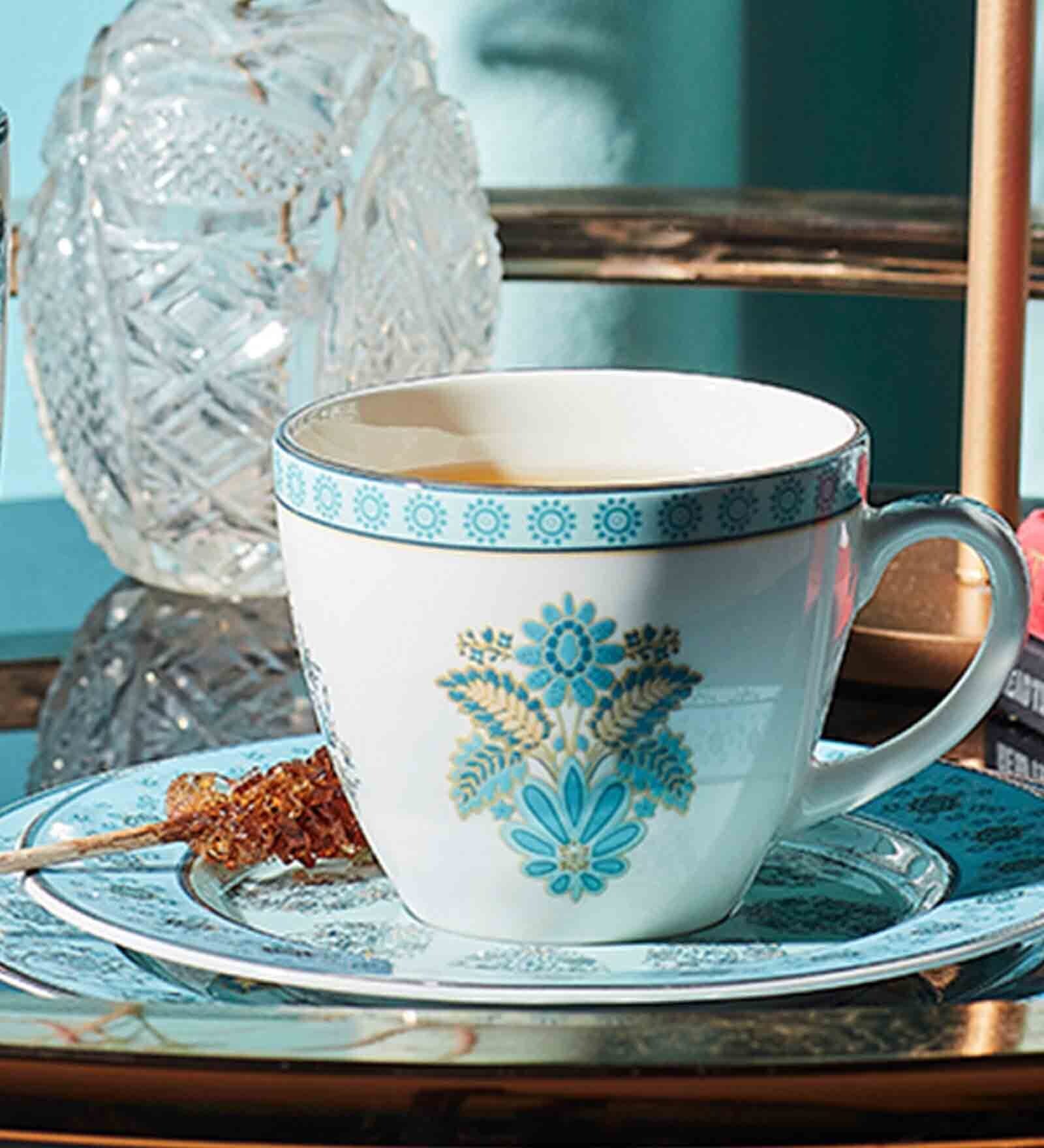Buy Villa 200ml Blue (Set of 4) Porcelain Tea Cup & Saucer Set at 37% ...