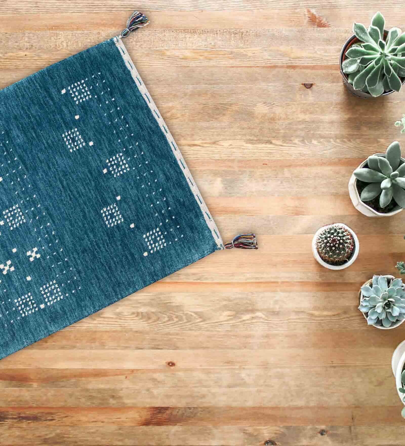 Buy Blue Wool and Cotton Vintage 2 x 3 Feet Hand Woven Carpet by ...