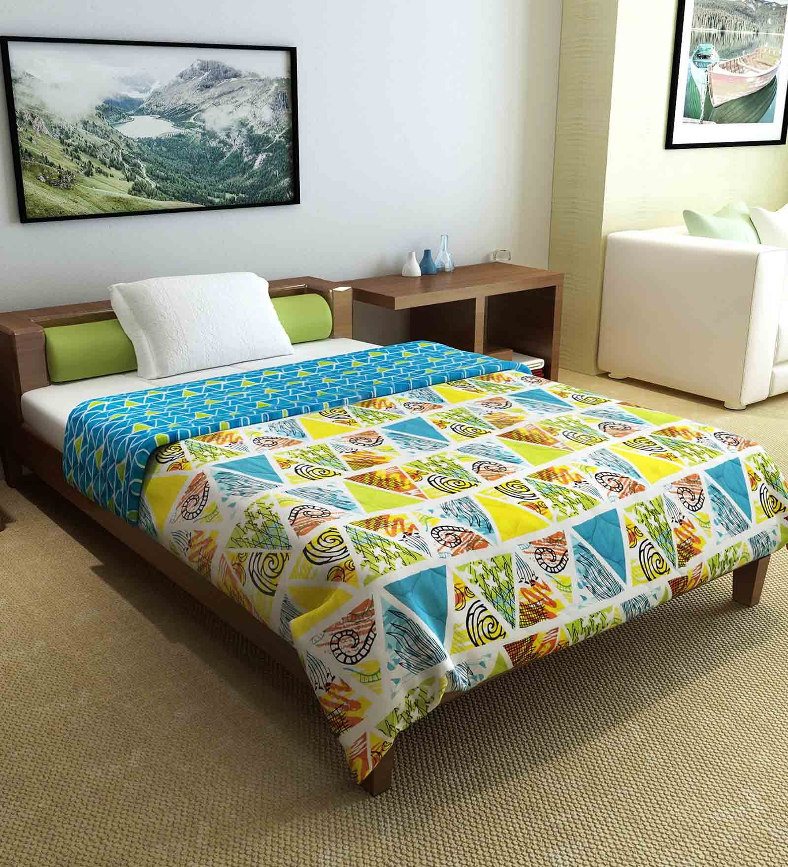 Buy Ultra Soft Microfiber Reversible Abstract Print Green and Turquoise Blue Single Comforter by ...