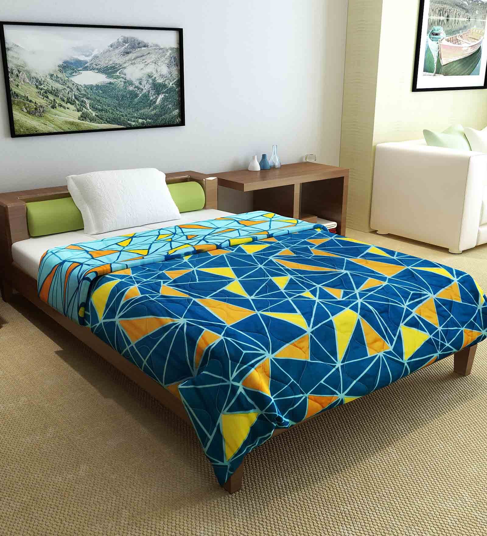 Buy Ultra Soft Microfiber Reversible Geometric Print Blue and Orange Single Comforter by Divine ...