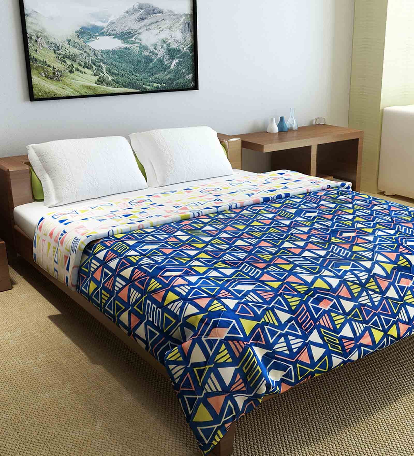 Buy Ultra Soft Microfiber Reversible Geometric Print Blue and Peach Double Comforter by Divine ...