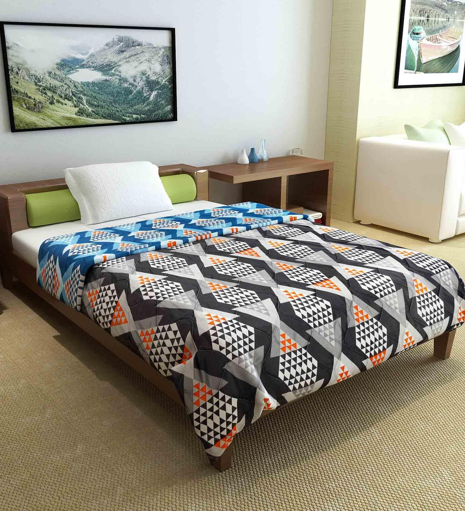 Buy Ultra Soft Microfiber Reversible Geometric Print Grey and Blue Single Comforter by Divine ...