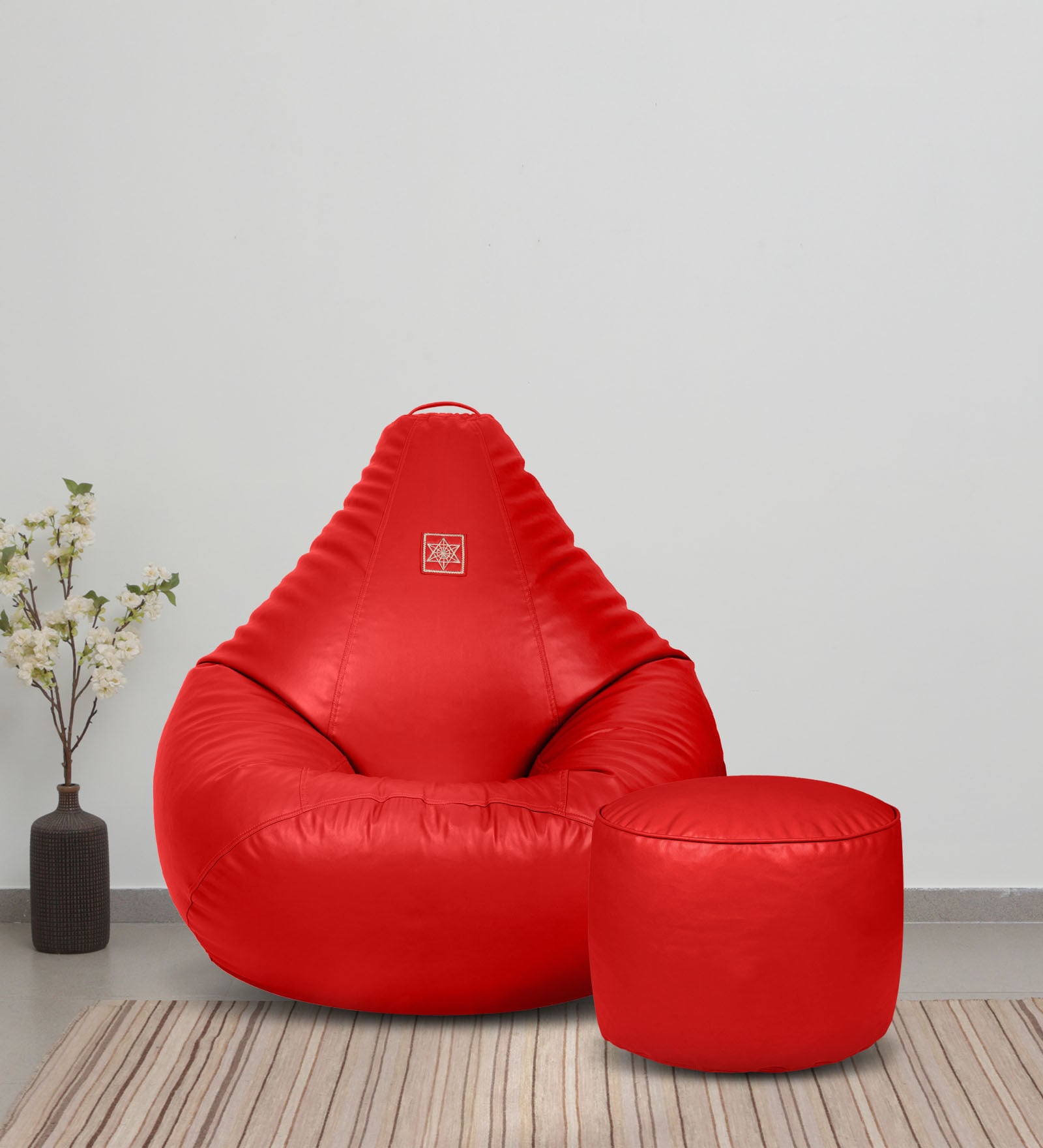 Buy Unique XL Leatherette Bean Bag with Beans in Red Colour with Pouffe ...