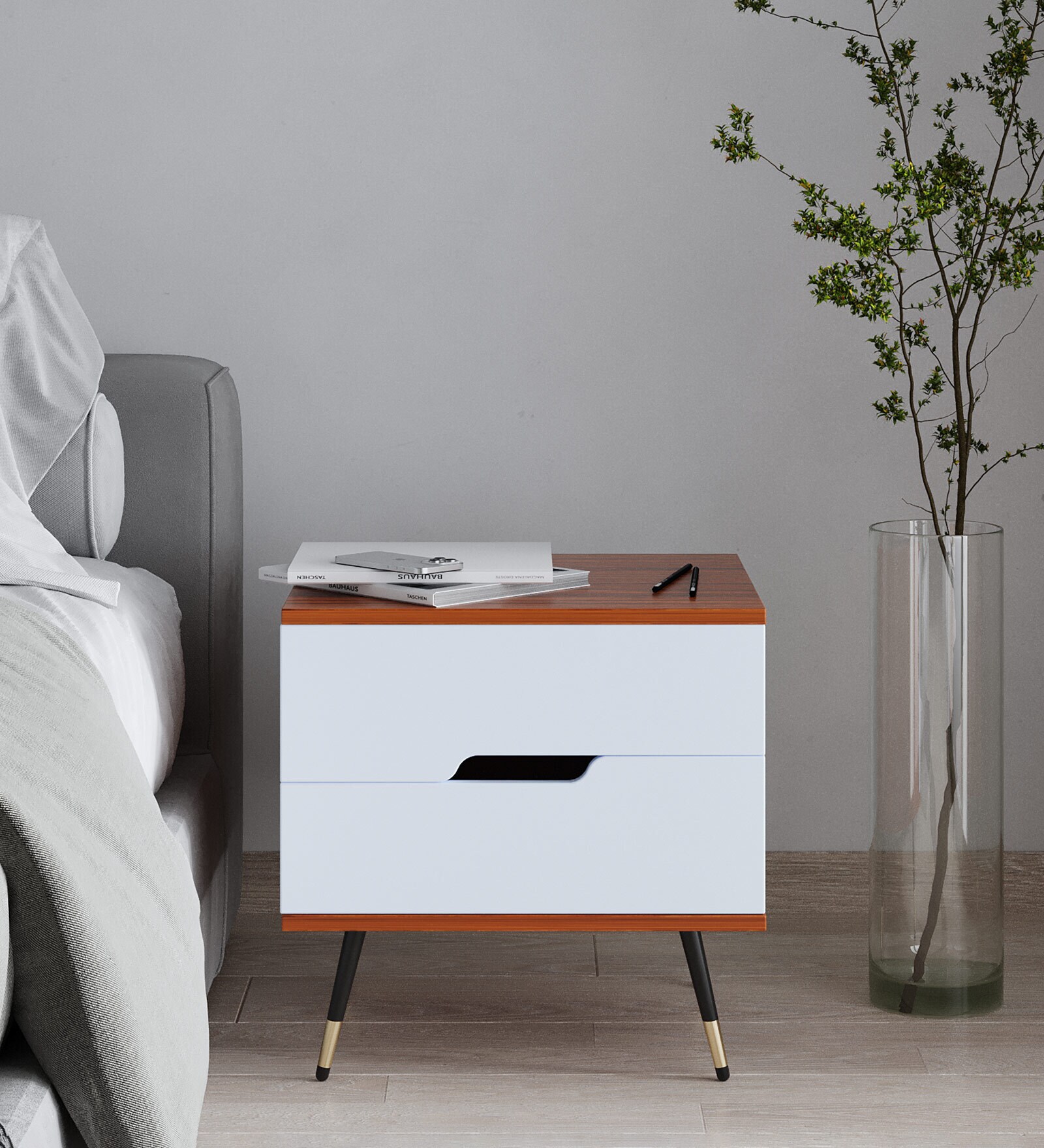 Buy Uno Bedside Table in Natural Teak & Cold White Finish at 36% OFF by ...