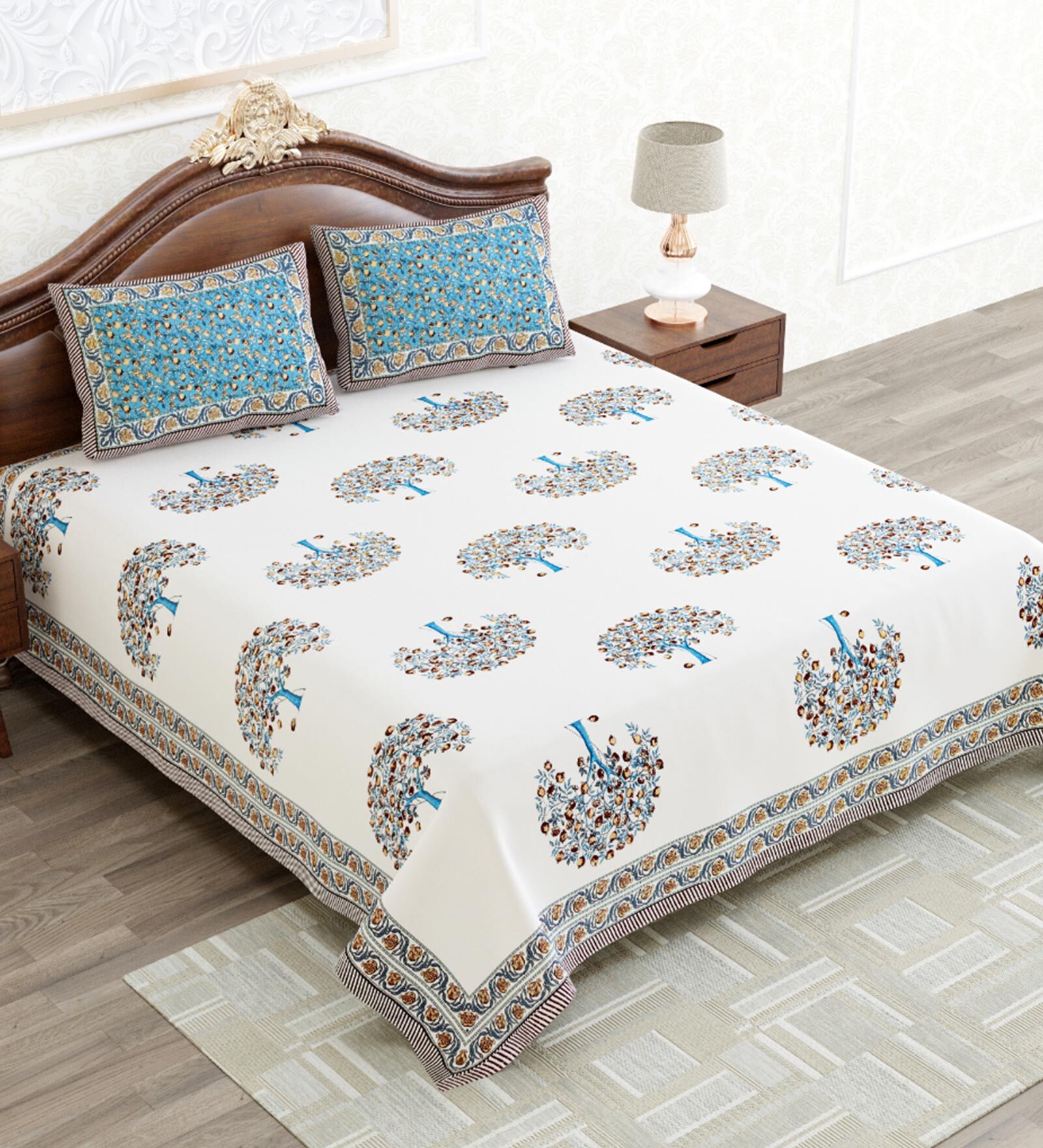 Buy Blue Floral 240 TC Cotton Queen Sized Bed Sheets with 2 Pillow ...