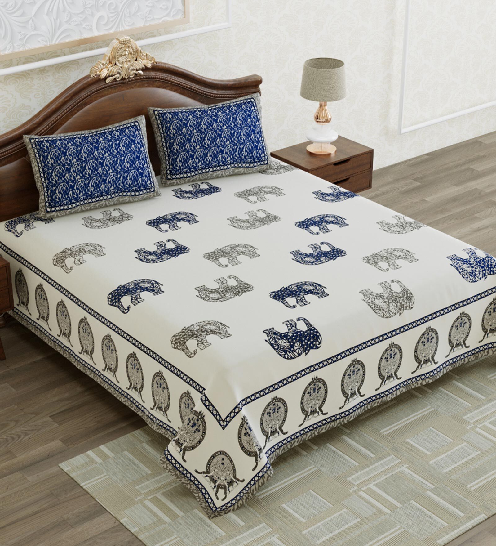 Buy Blue Floral 240 TC Cotton Queen Sized Bed Sheets with 2 Pillow ...