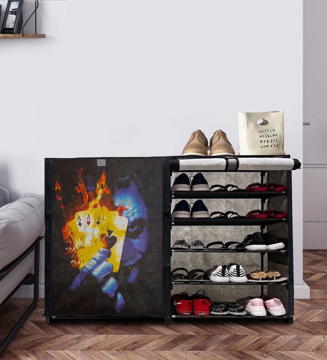 Buy Allure Fabric 10-Sheleves Shoe Rack in Grey Joker Print at 51% OFF ...