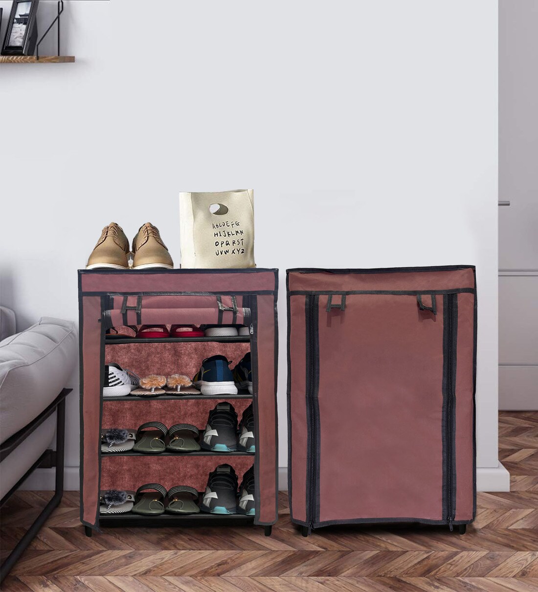 Buy Serene Fabric 4-Shelves Collapsible Shoe Rack In Brown Colour at 51 ...