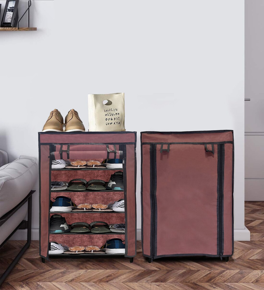 Buy Serene Fabric 5-Shelves Collapsible Shoe Rack In Brown Colour at 51 ...