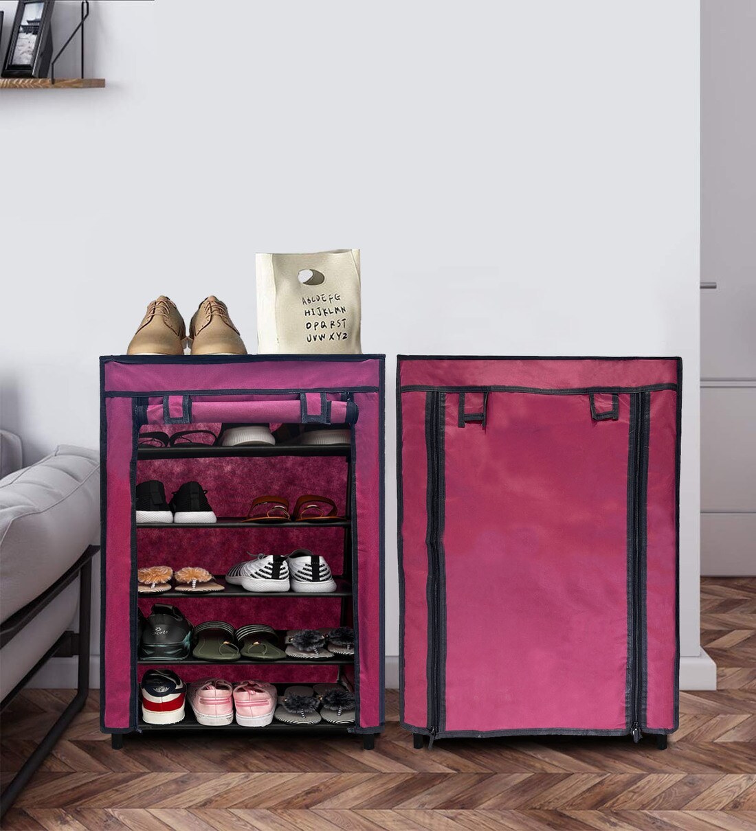 Buy Serene Fabric 5-Shelves Collapsible Shoe Rack In Maroon Colour at ...