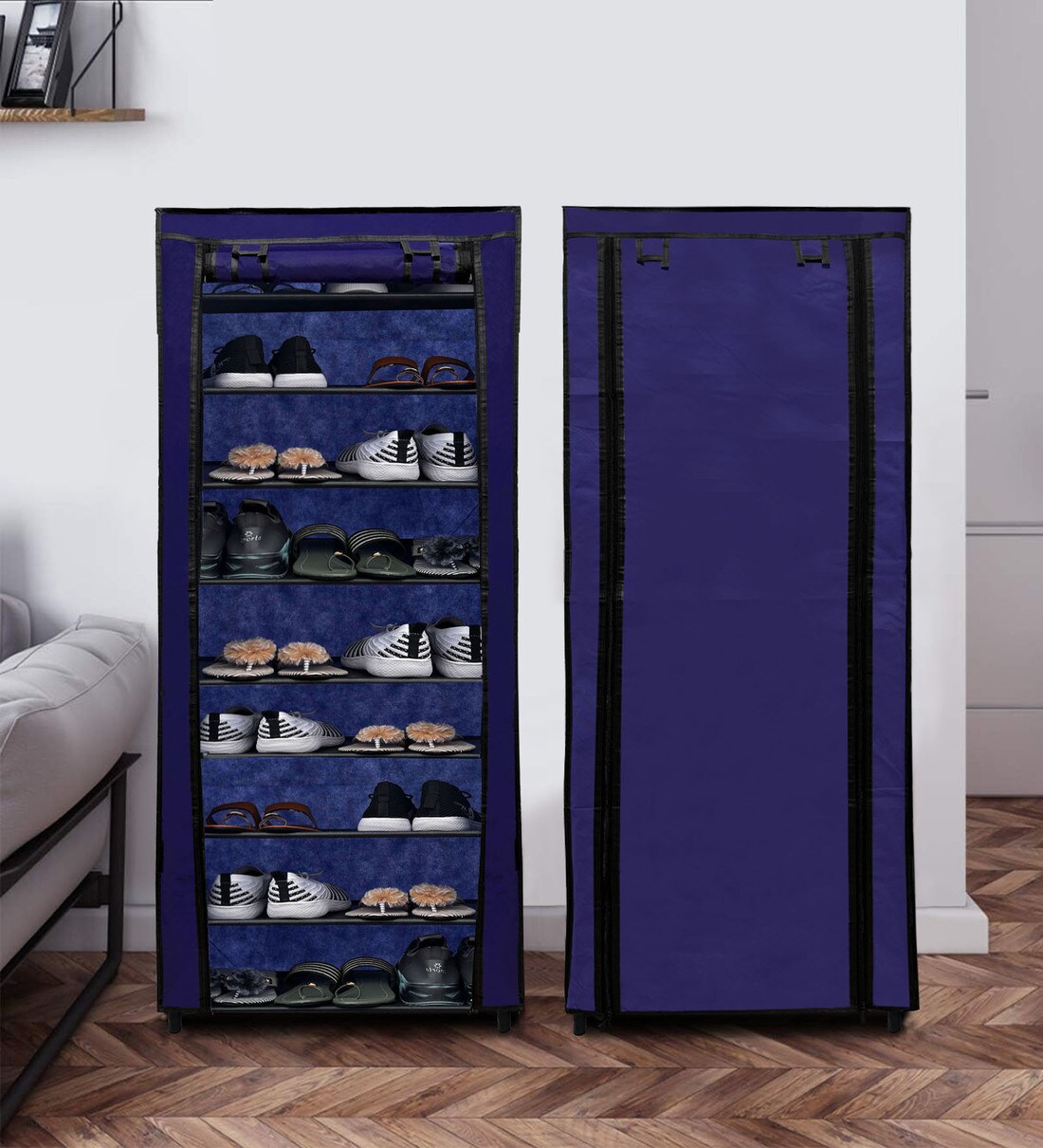 Buy Serene Fabric 9-Shelves Collapsible Shoe Rack In Blue Colour at 51% ...