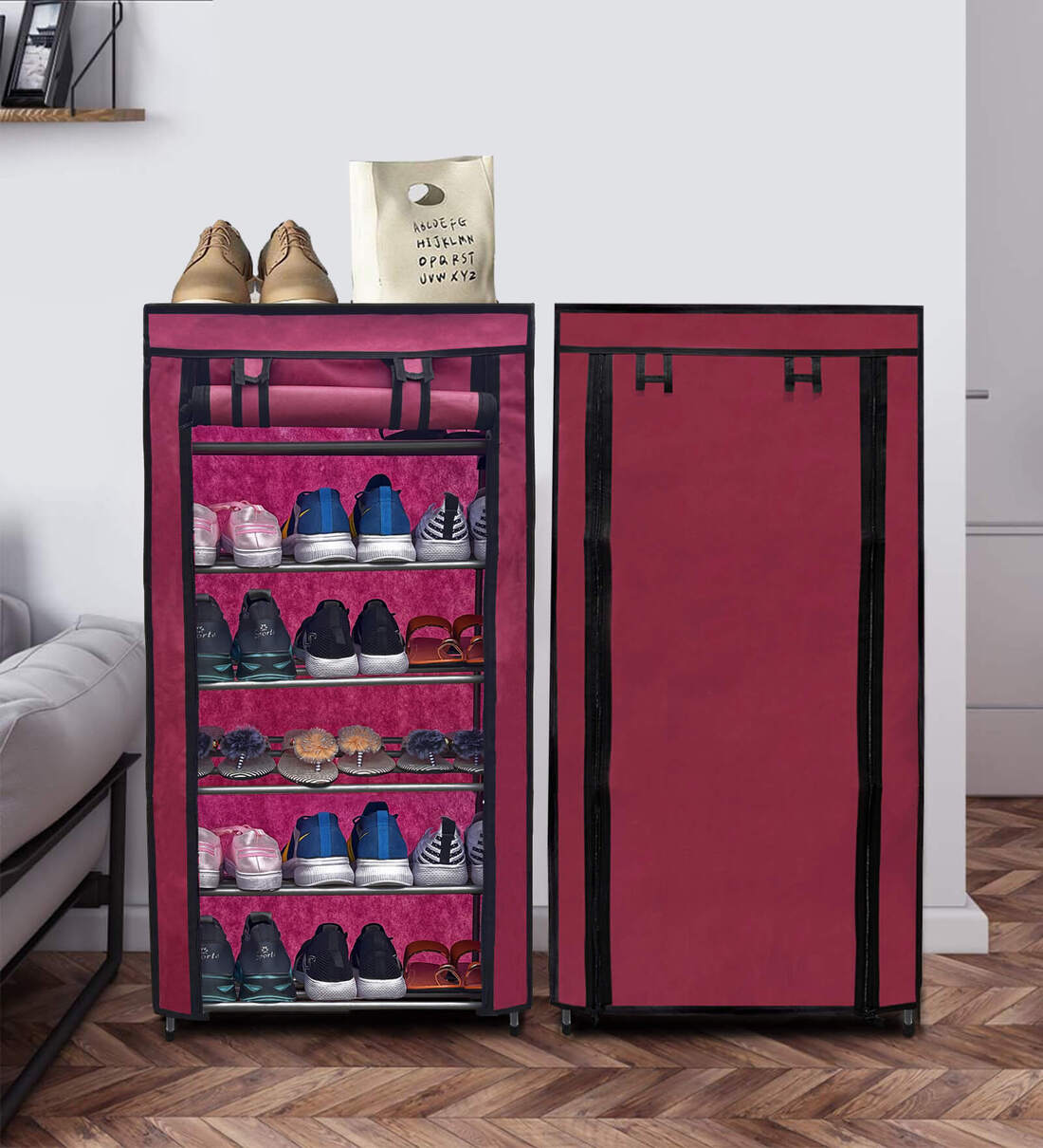 Buy Manesty Fabric 6-Shelves Modular Shoe Rack In Maroon Colour at 51% ...