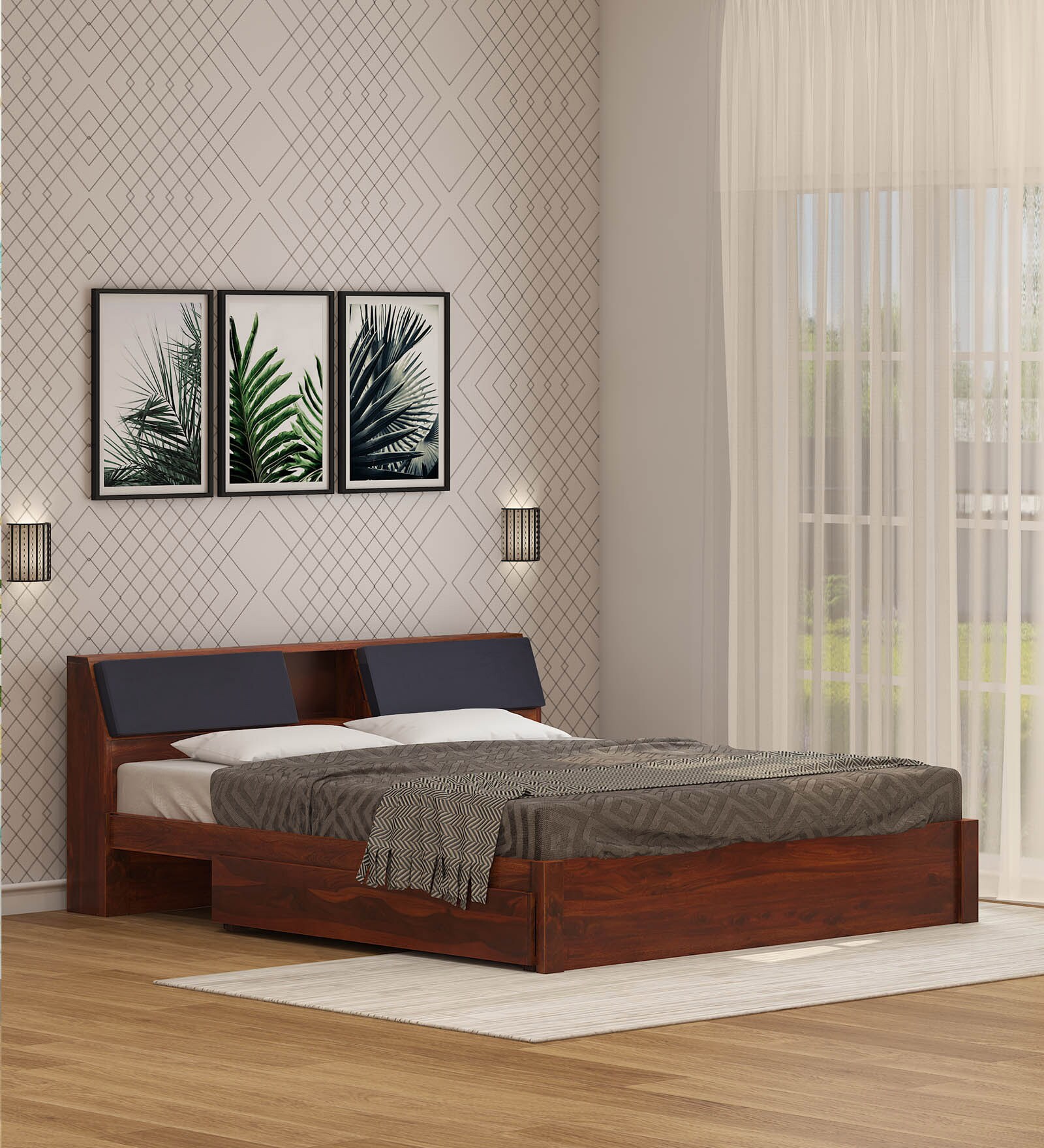 Buy Ursula Solid Wood Queen Size Bed With Drawer Storage In Honey Oak ...