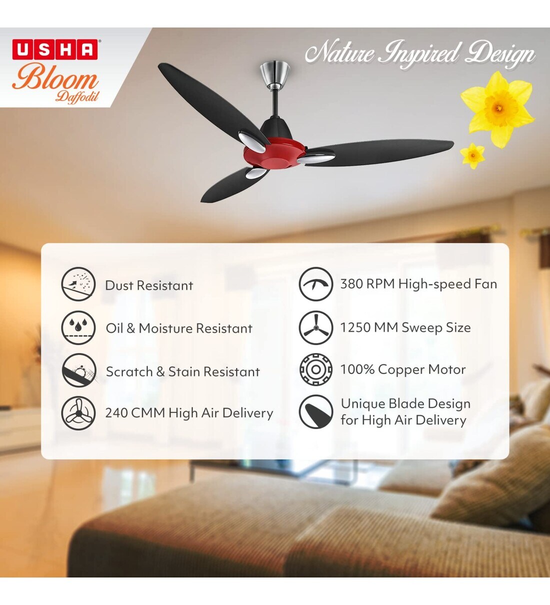 Buy Usha Bloom Daffodil Goodbye Dust Ceiling Fan 1250 Mm (Sparkle Red ...