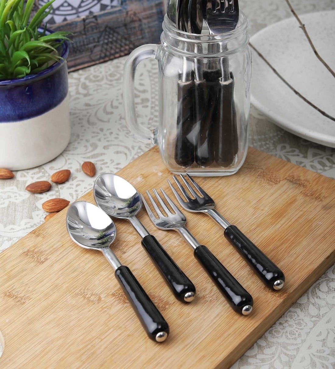 Buy Ceramic Black Handle Stainless Steel Cutlery Set - Set of 12 Online ...