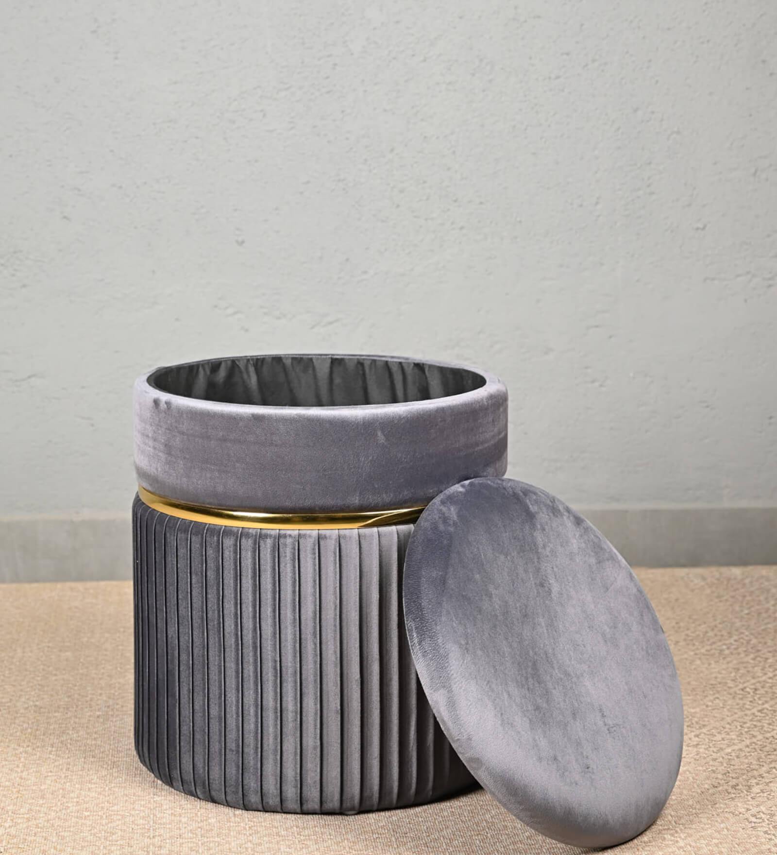 Buy Valencia Suede Pouffe With Storage In Grey Colour at 100% OFF by ...