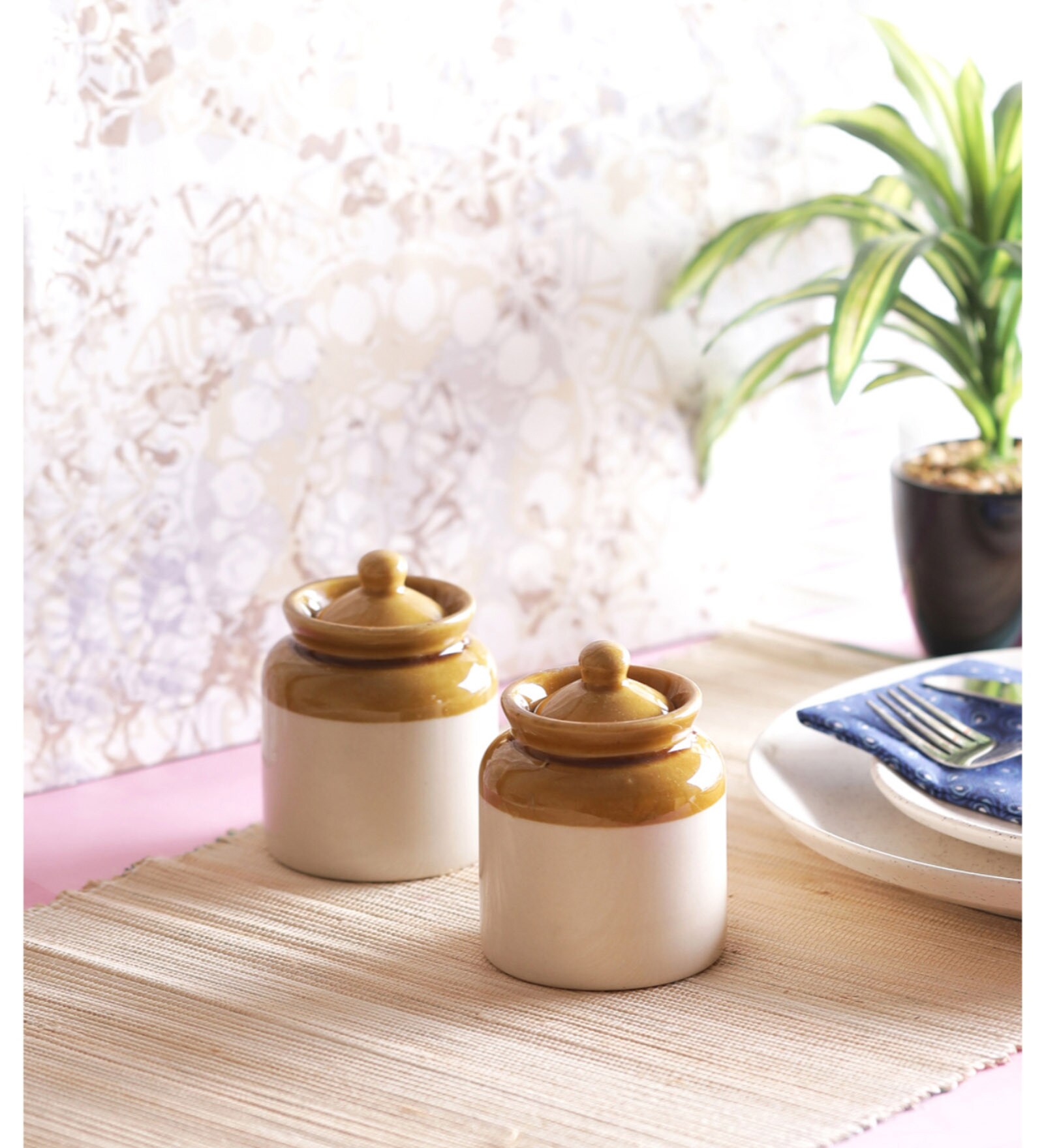 Buy 200 ML Ceramic Condiment Jars in Beige Set of 2 by VarEesha Online ...