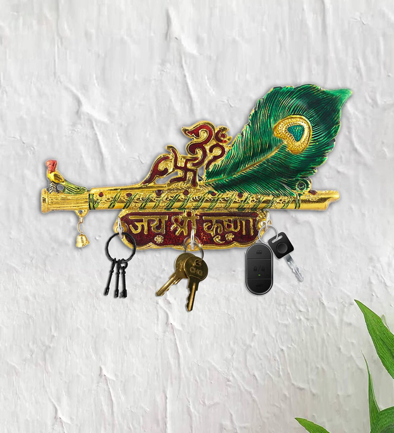 Buy Vastu Om And Shri Krishna Flute\ Metal 3 Hooks -Golden And Green ...