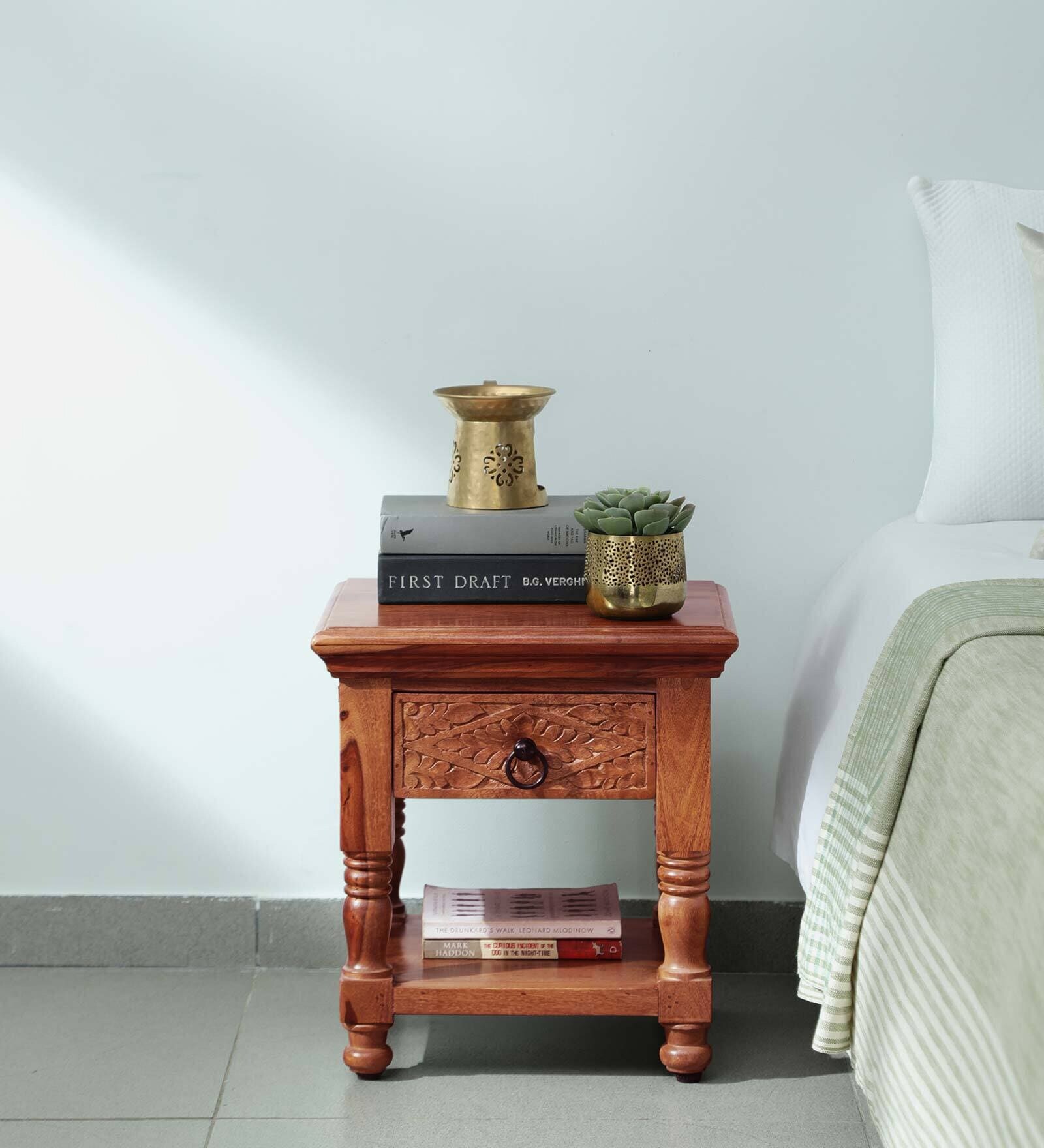 Buy Vayaka Sheesham Wood Bedside Table In Rustic Teak Finish With ...